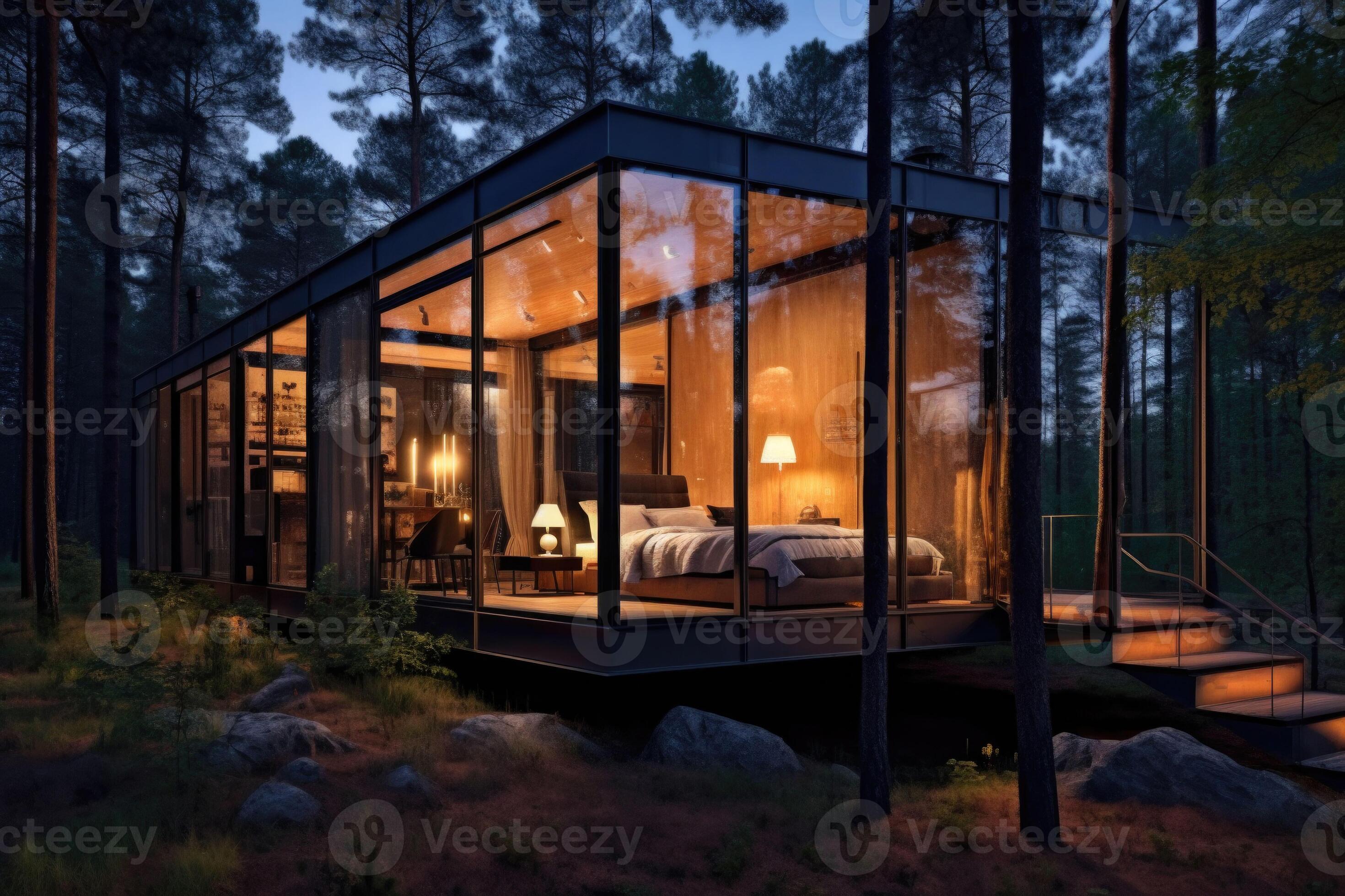 Modern luxury villa exterior. Glass cottage in the woods. Cabin house ...