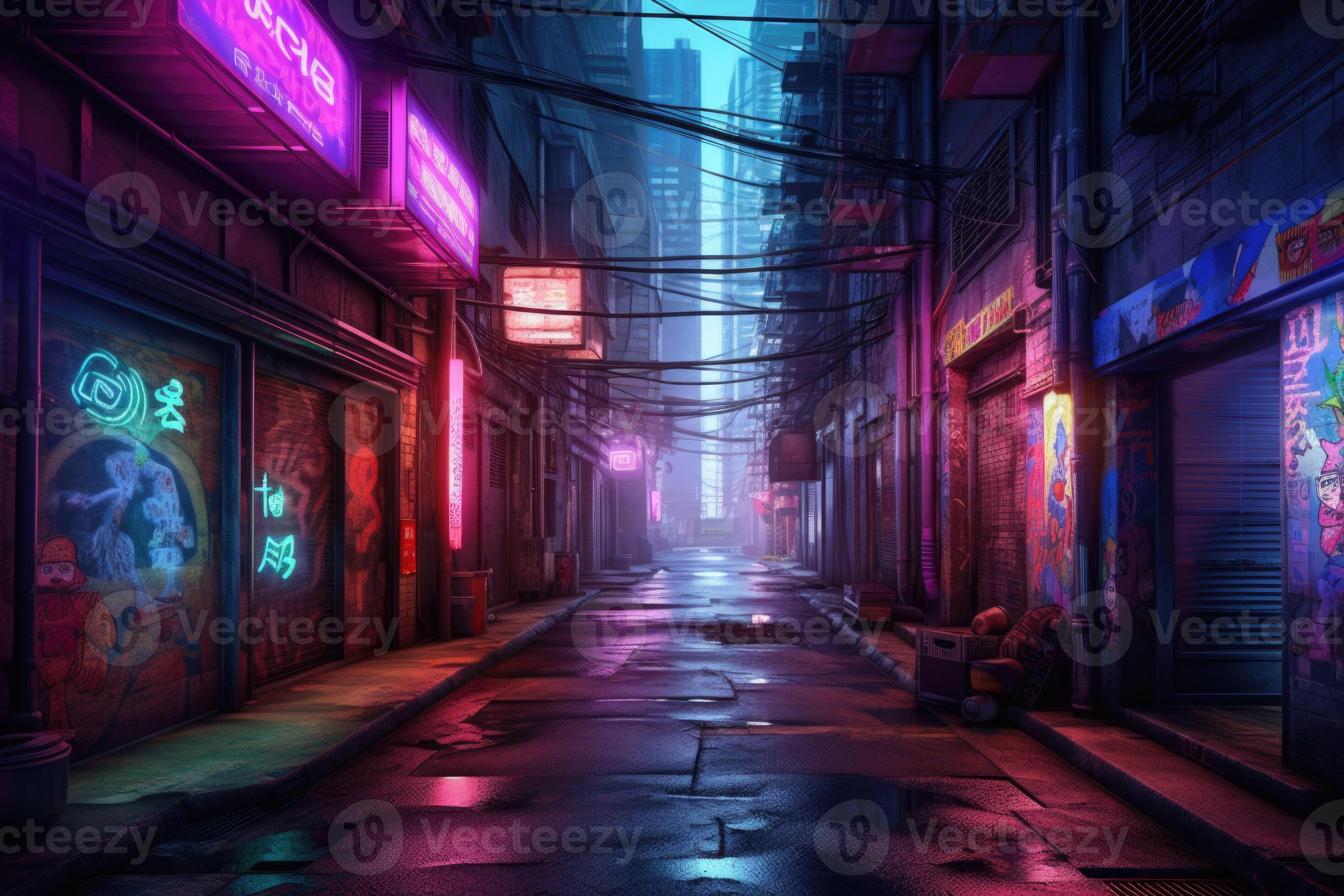 City alleyway with neon lights. Night view of a quiet street. 25935255 Stock Photo at Vecteezy