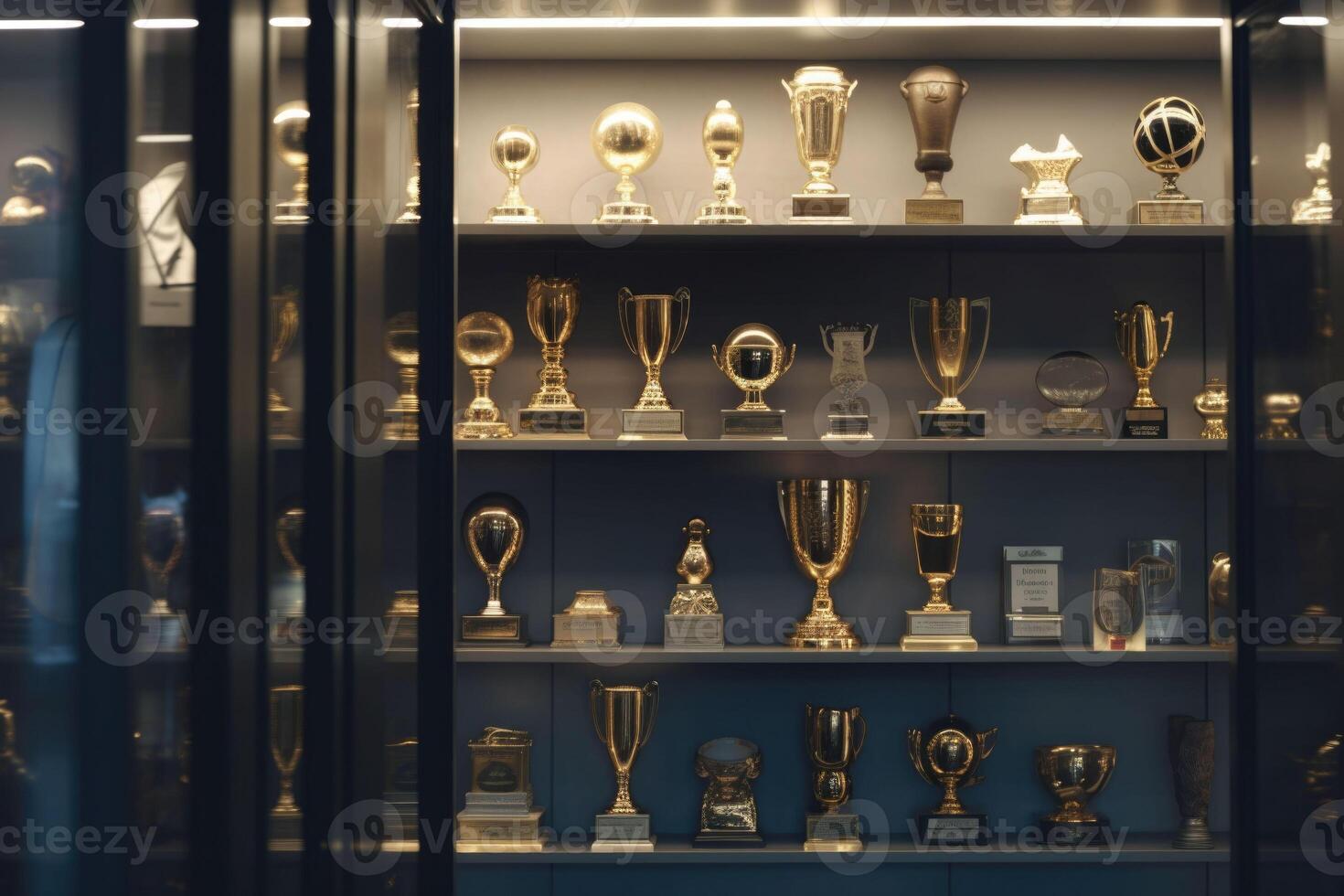 Trophy display case shelf made of glass and wood full of gold and silver trophies. 25935282 ...