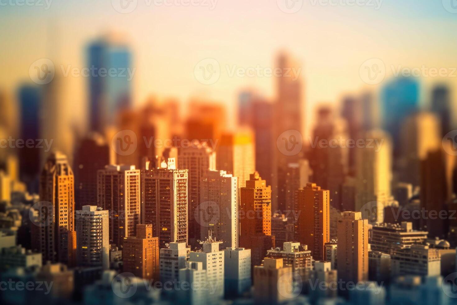 Tilt shift blur effect. Abstract futuristic cityscape with modern skyscrapers. Generative AI ...