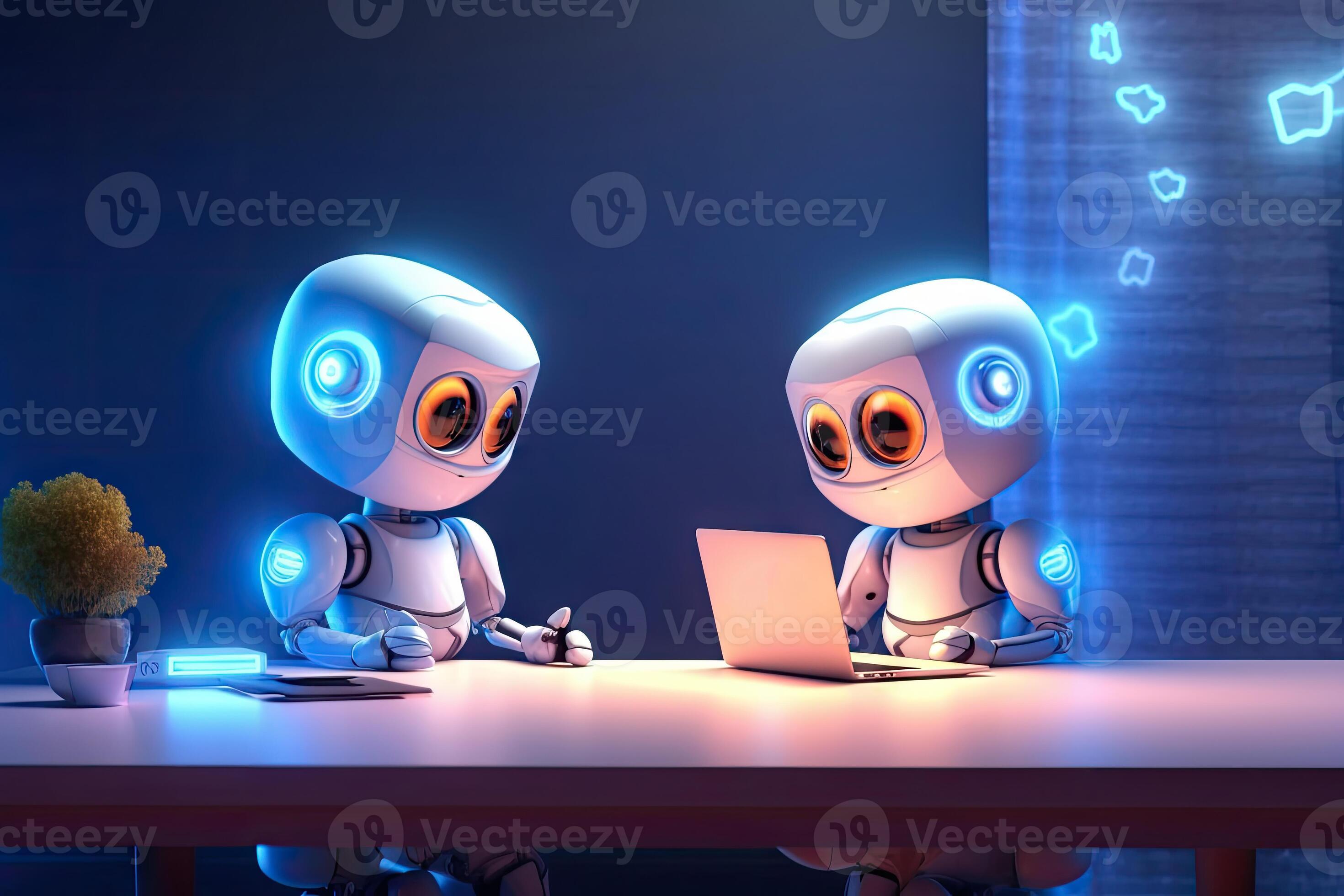 artificial inteligencia, o ai robot trabajando a oficina por utilizando computadora ordenador ...