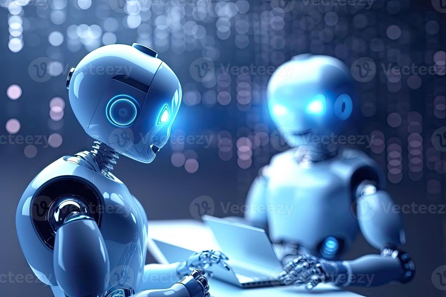 artificial inteligencia, o ai robot trabajando a oficina por utilizando computadora ordenador ...