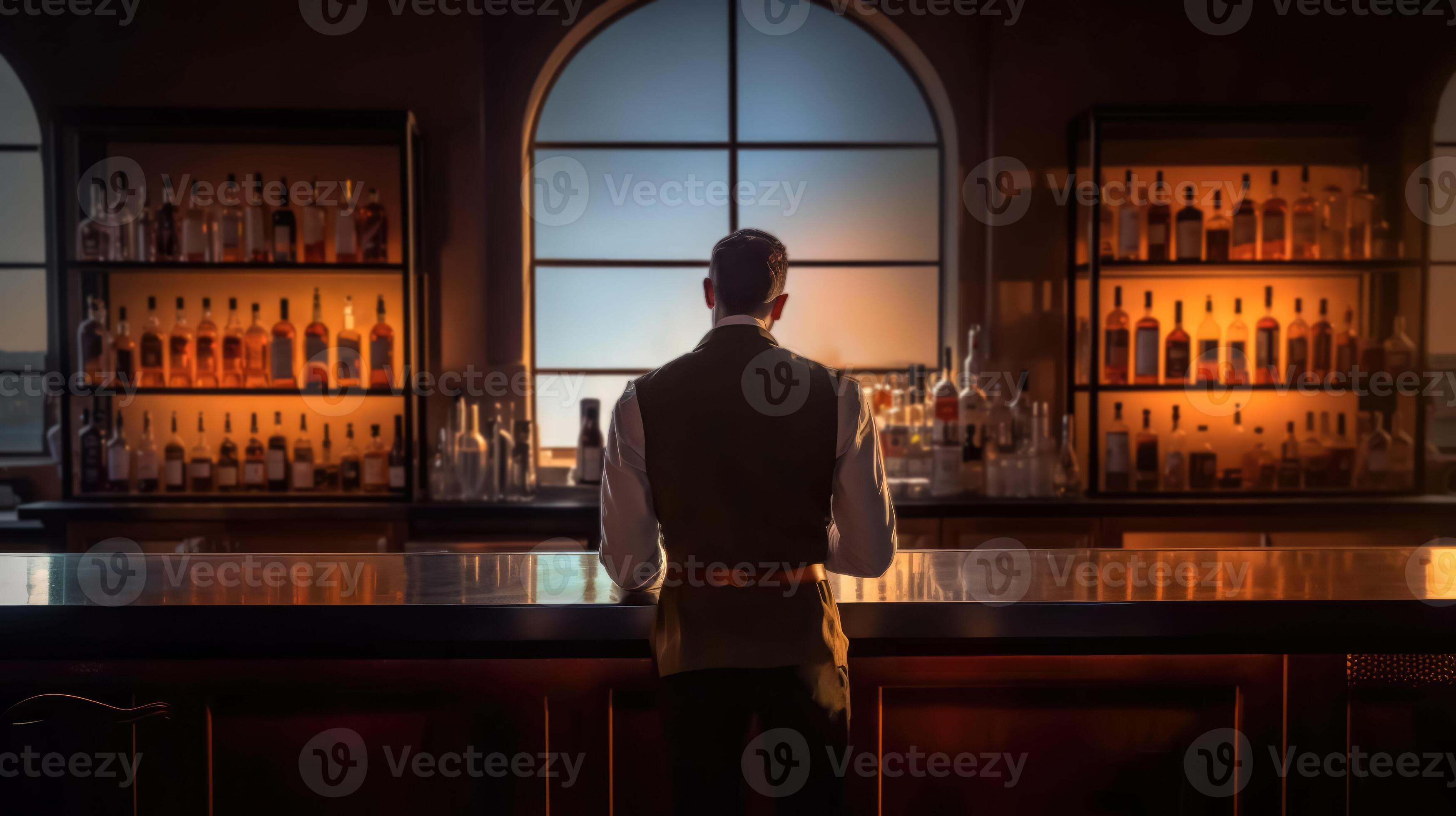 Rear view of young bartender standing at bar counter. 25942363 Stock Photo at Vecteezy