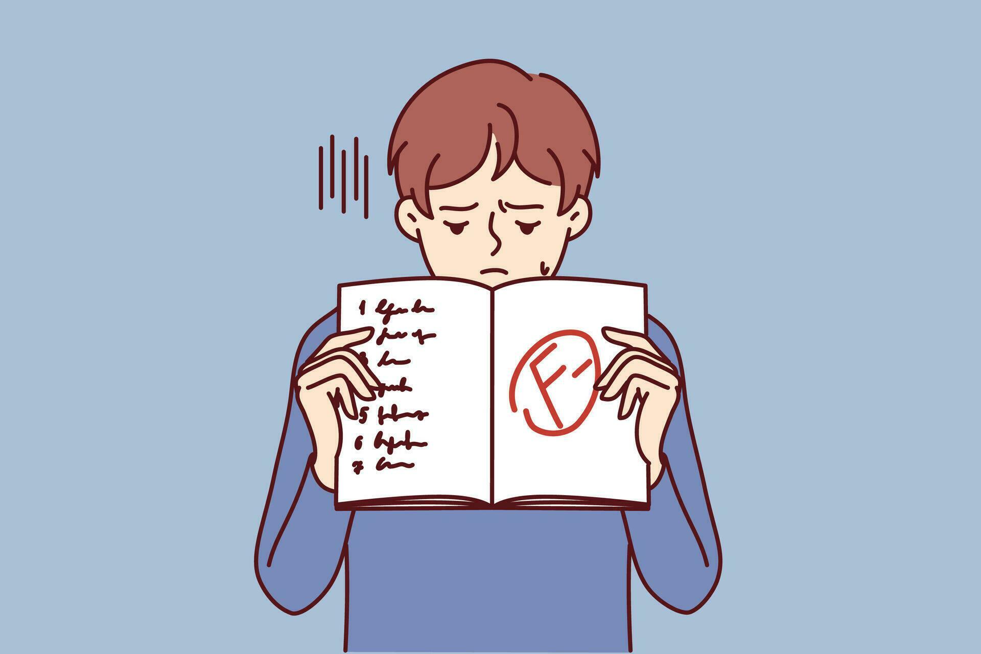 Boy shows school notebook with bad mark from teacher and looks down disappointedly, upset ...