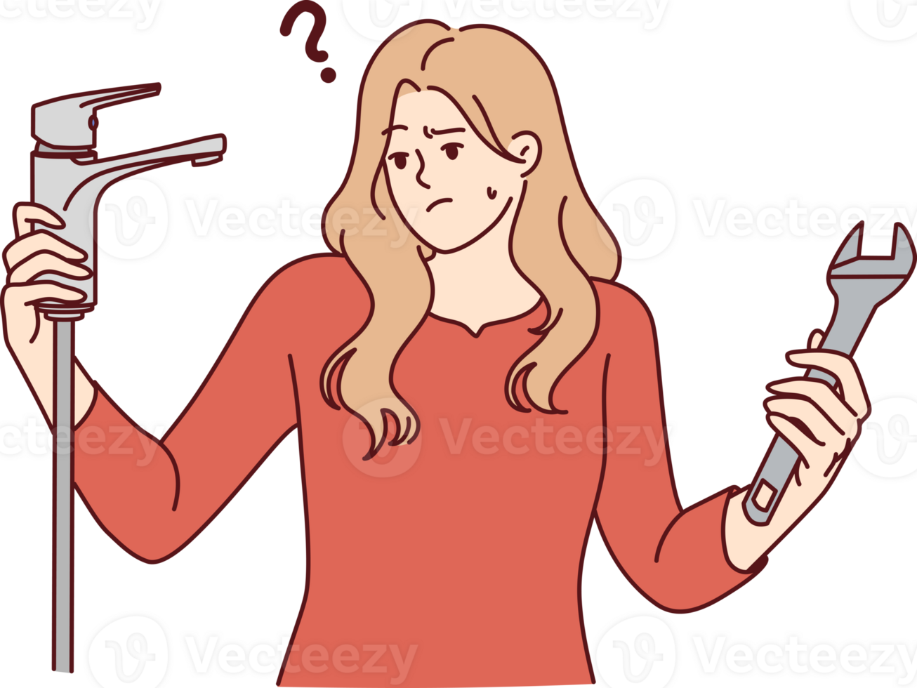 Woman with water faucet and wrench does not understand how to fix water ... Woman with water faucet and wrench does not understand how to fix water ...