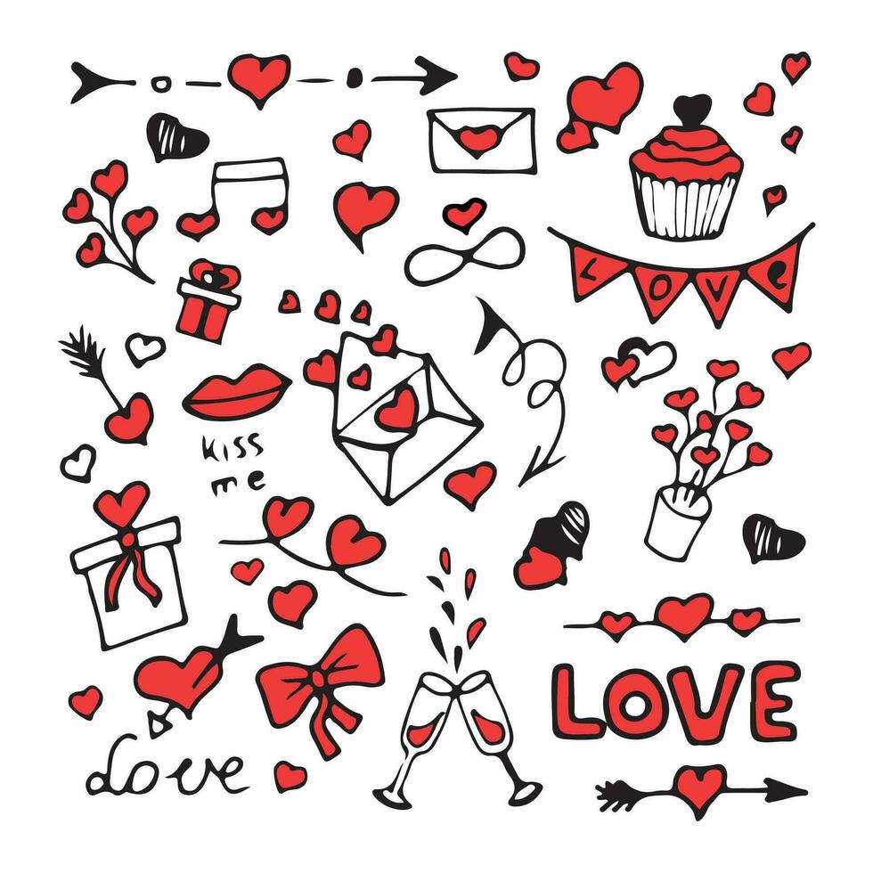 Set of cute Valentine day doodle elements. Objects for concept and ...