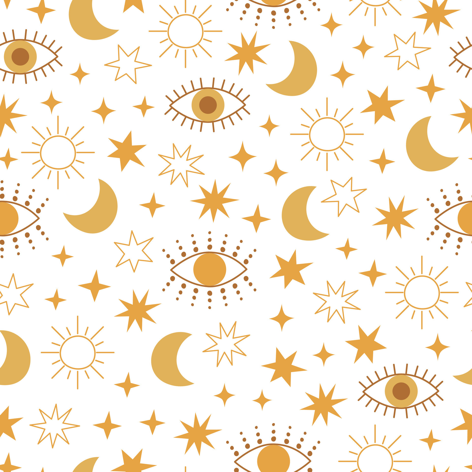 Evil Eye Celestial Seamless Pattern With Stars Moon And Sun Yellow