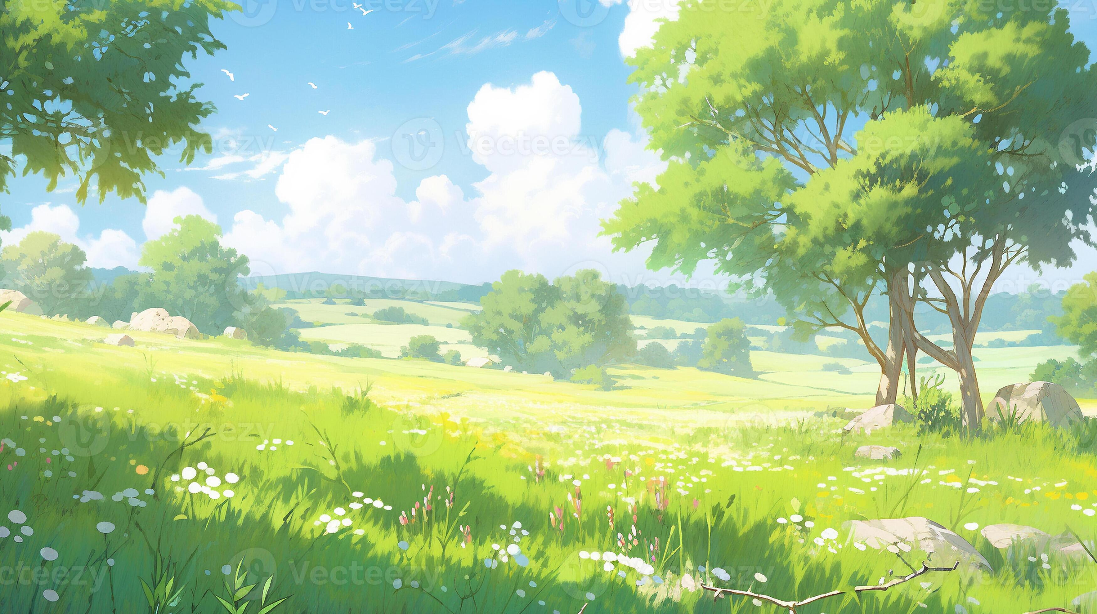 landscape countryside cartoon scene background. green meadow with tree ...
