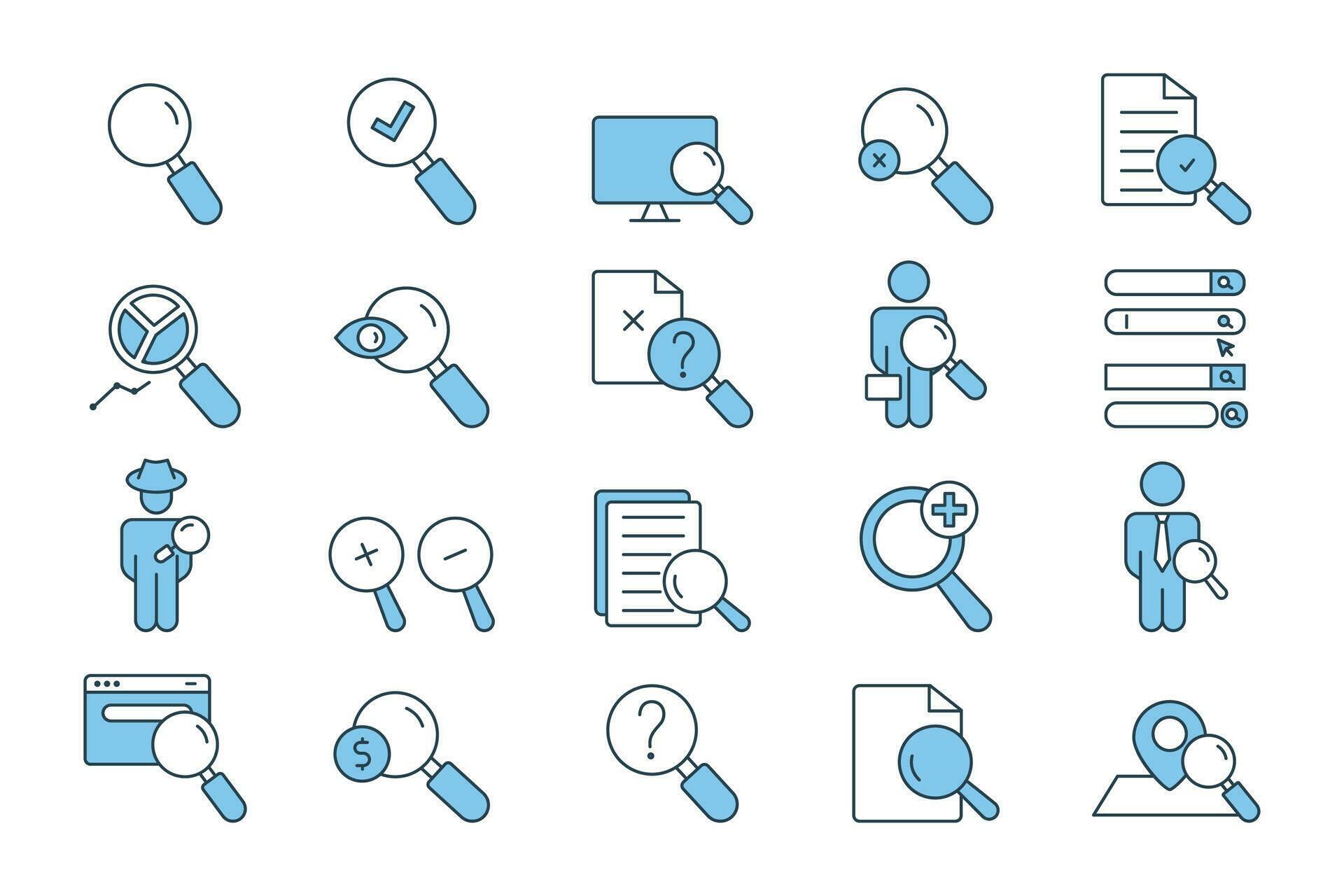 Search set icon. Contains magnifier icon, find, search engine, job ...