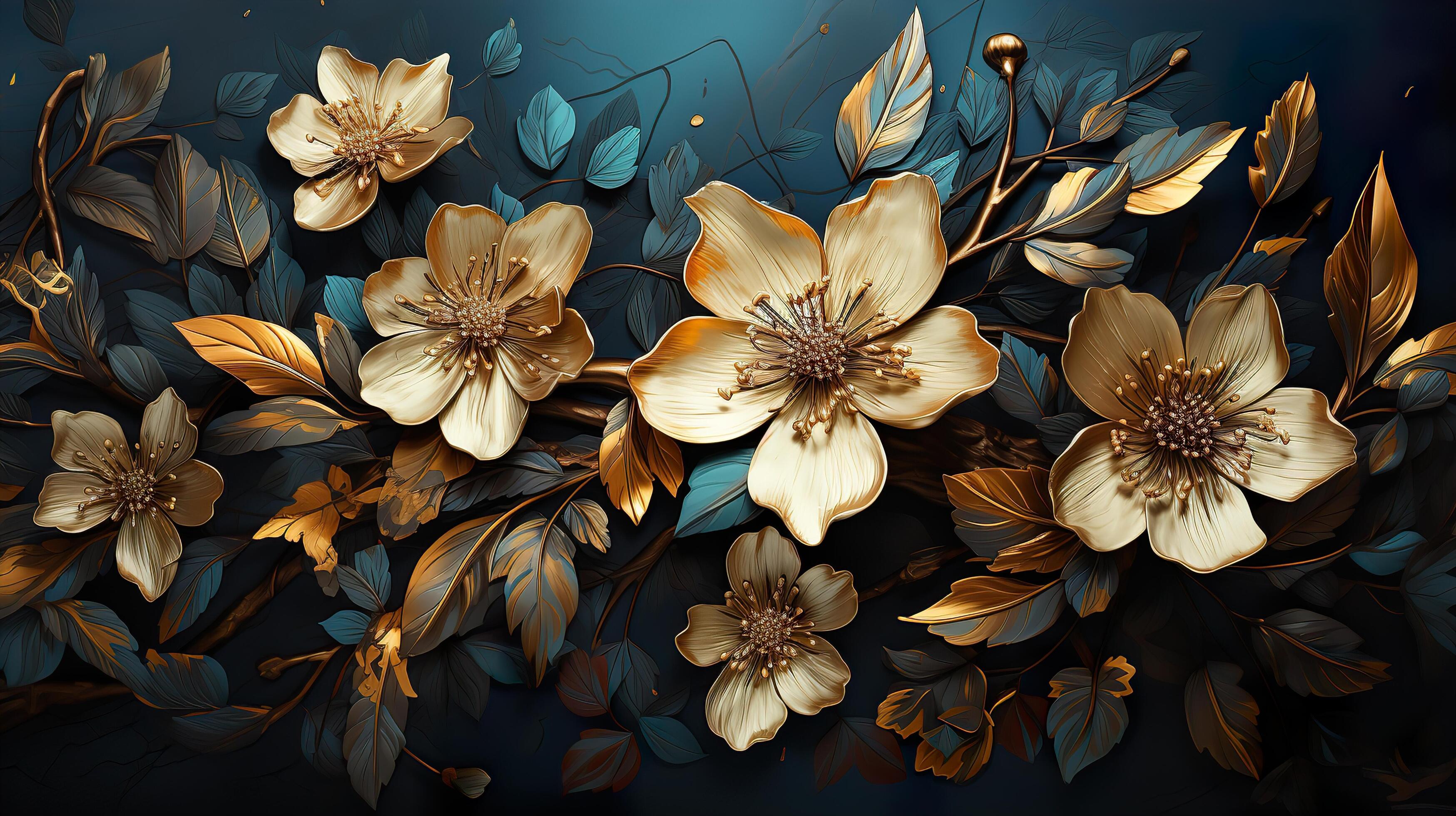 3D Gold Plated Flower in Cyan Blue Aesthetic Background 25950158 Stock ...