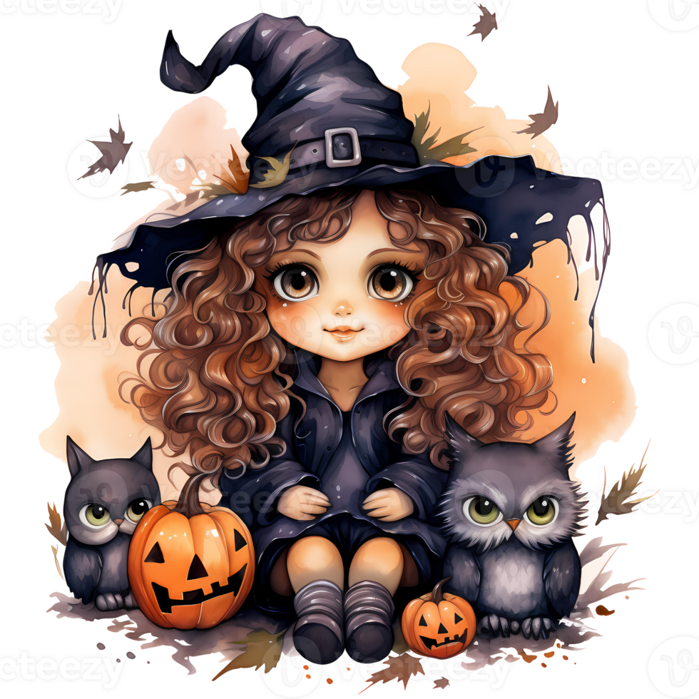 Cute Little Witch and Her Familiars and pumpkins, happy Halloween ...