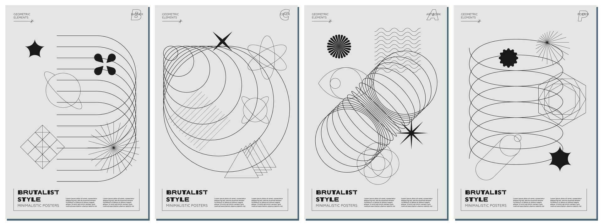 Abstract brutalism poster set with black geometric shapes on monochrome background. Modern ...