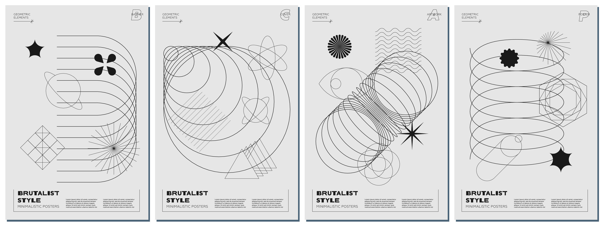 Abstract brutalism poster set with black geometric shapes on monochrome ... Abstract brutalism poster set with black geometric shapes on monochrome ...