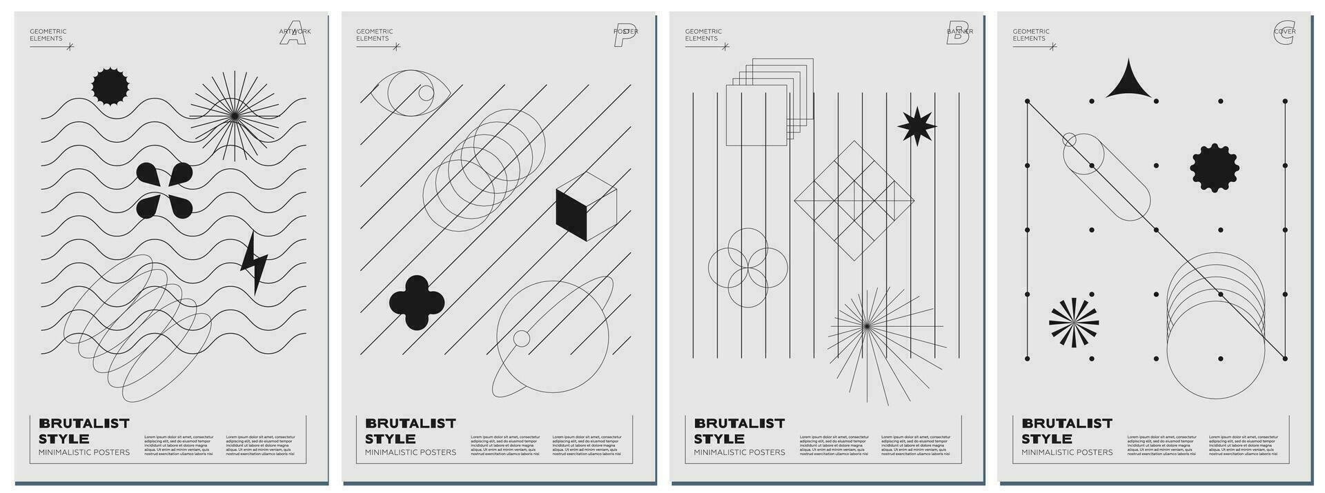Trendy abstract brutalism poster set with black geometric shapes on monochrome background ...