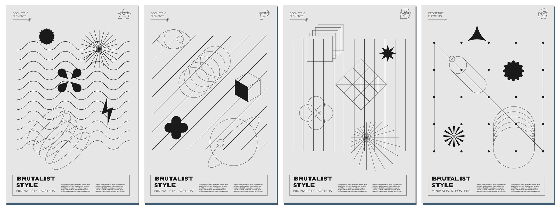Trendy abstract brutalism poster set with black geometric shapes on ... Trendy abstract brutalism poster set with black geometric shapes on ...