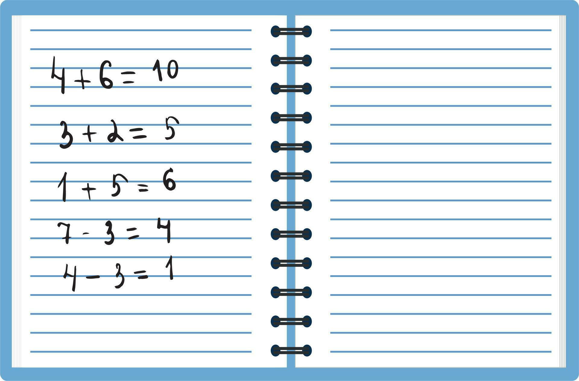 A school notebook with mathematical examples. Addition and subtraction ...