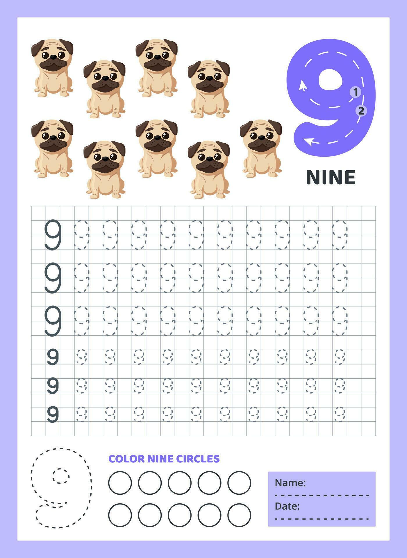 Numbers tracing practice. Writing number nine. Tracing worksheet with ...