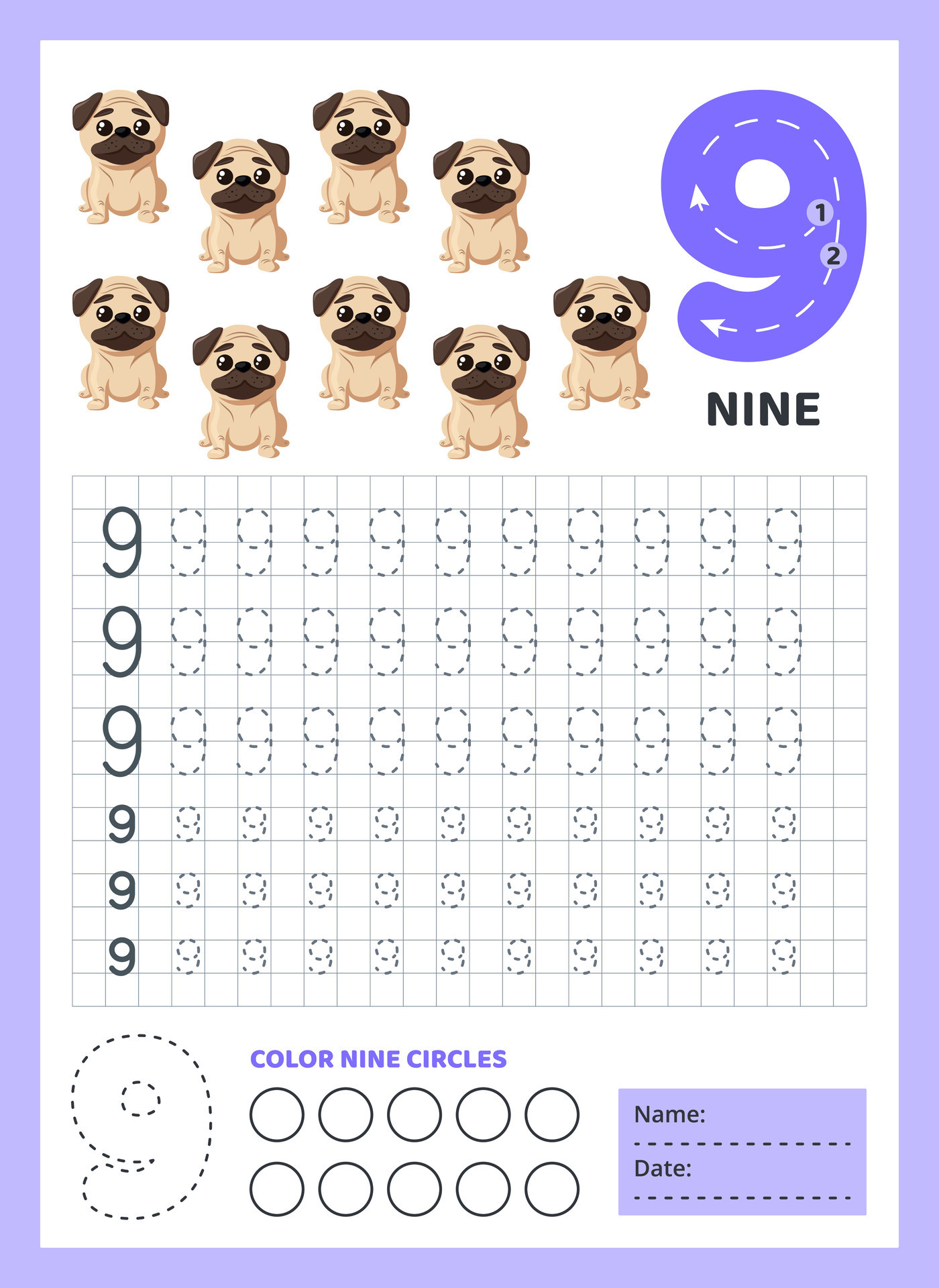 Numbers tracing practice. Writing number nine. Tracing worksheet with ...