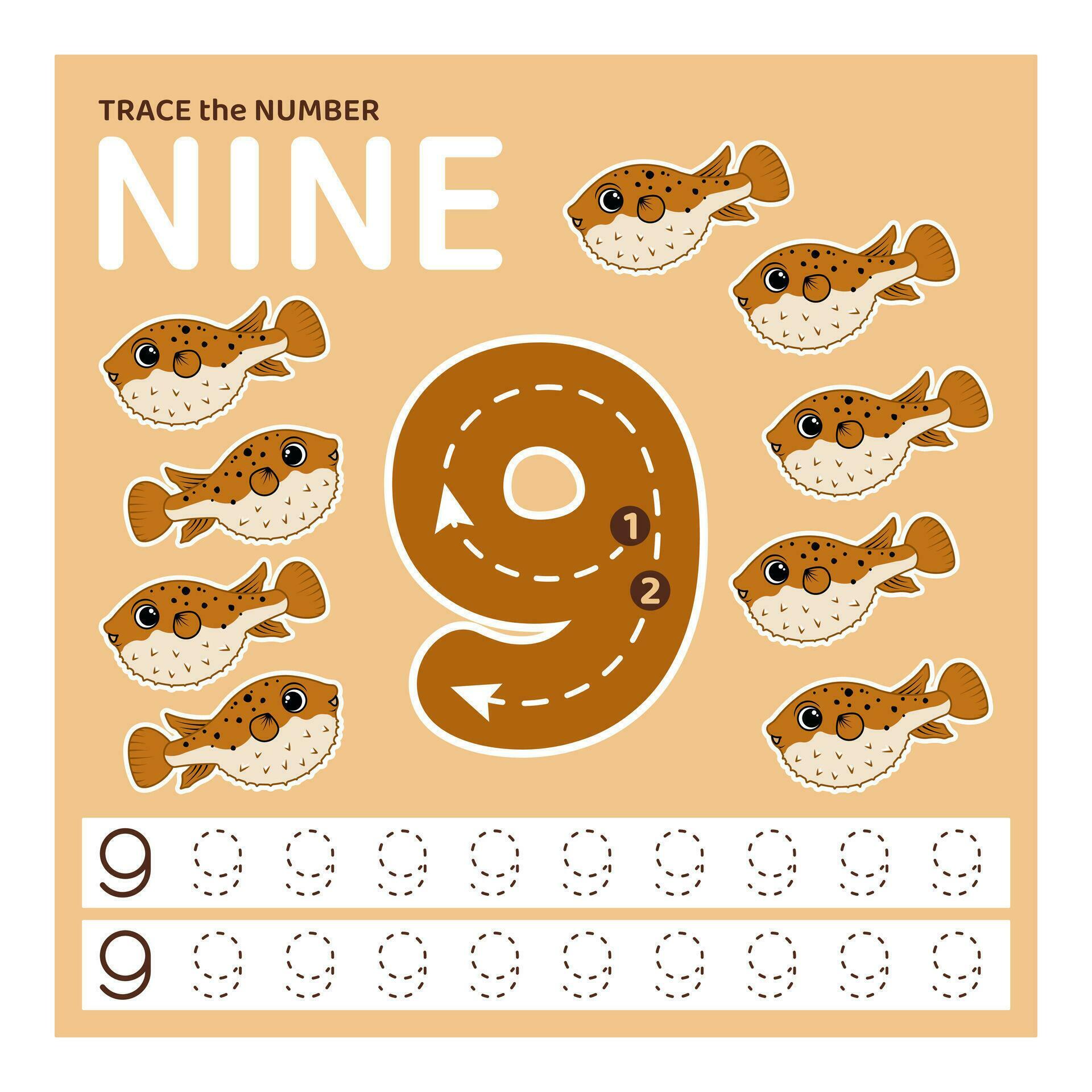 Education material with number nine. Tracing number for kids. Learning ...