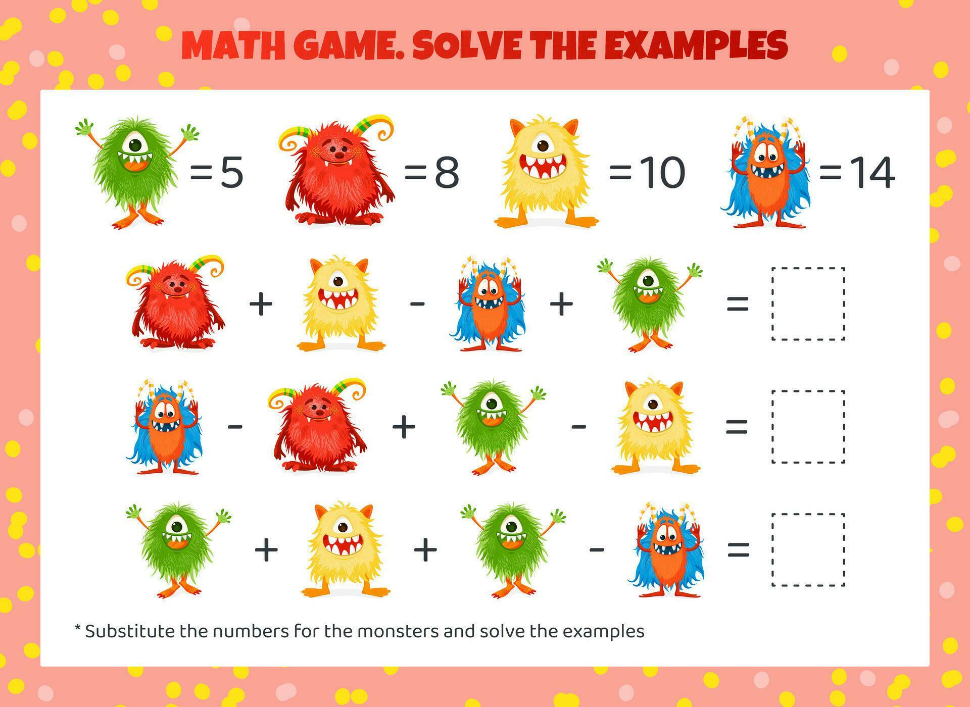 Math game for kids. Replace the monsters with numbers and solve the ...