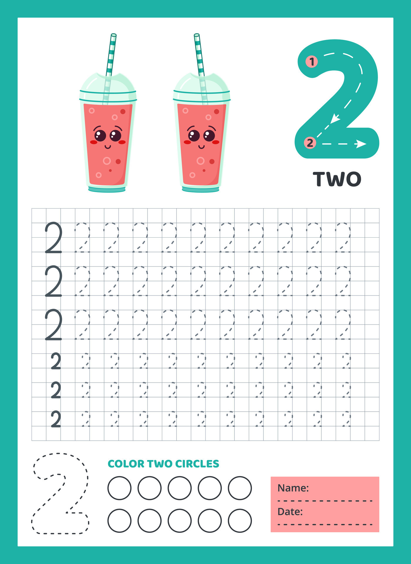 Numbers tracing practice. Writing number two. Tracing worksheet with ...