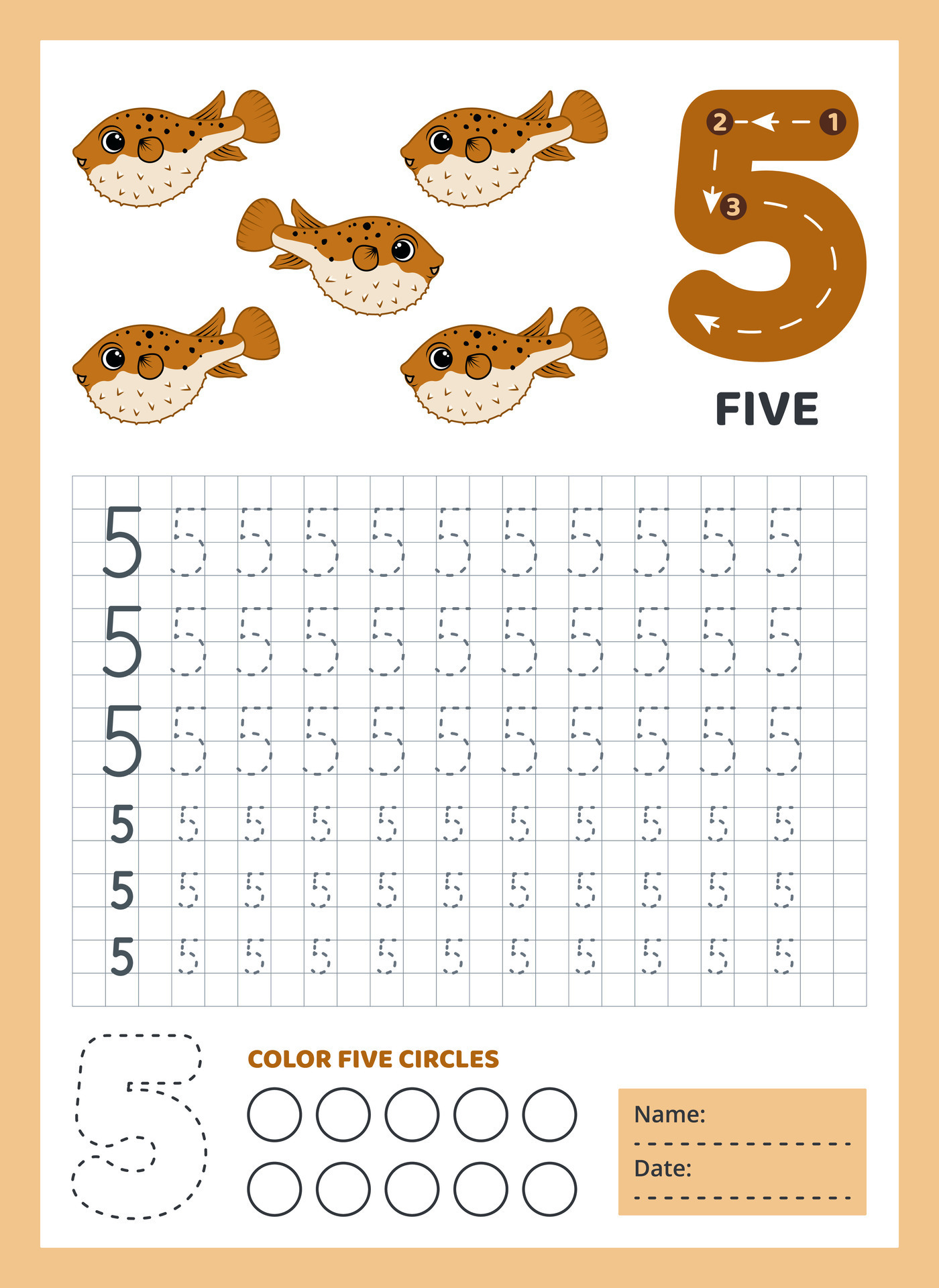 Numbers tracing practice. Writing number five. Tracing worksheet with cute five puffer fish ...