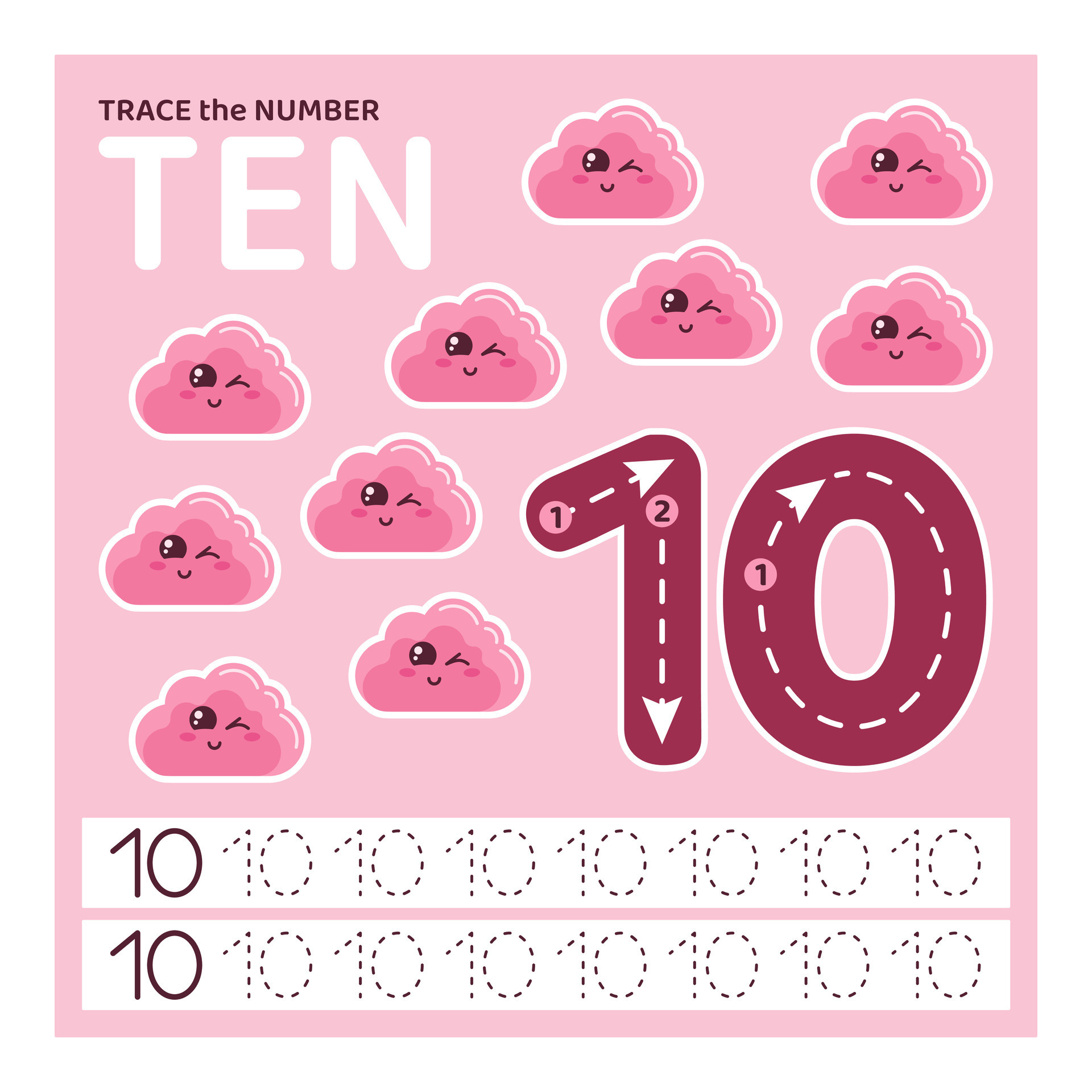 Education material with number ten. Tracing number for kids. Learning ...