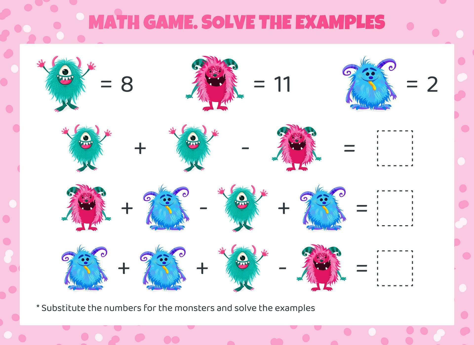 Math game for kids. Replace the monsters with numbers and solve the ...