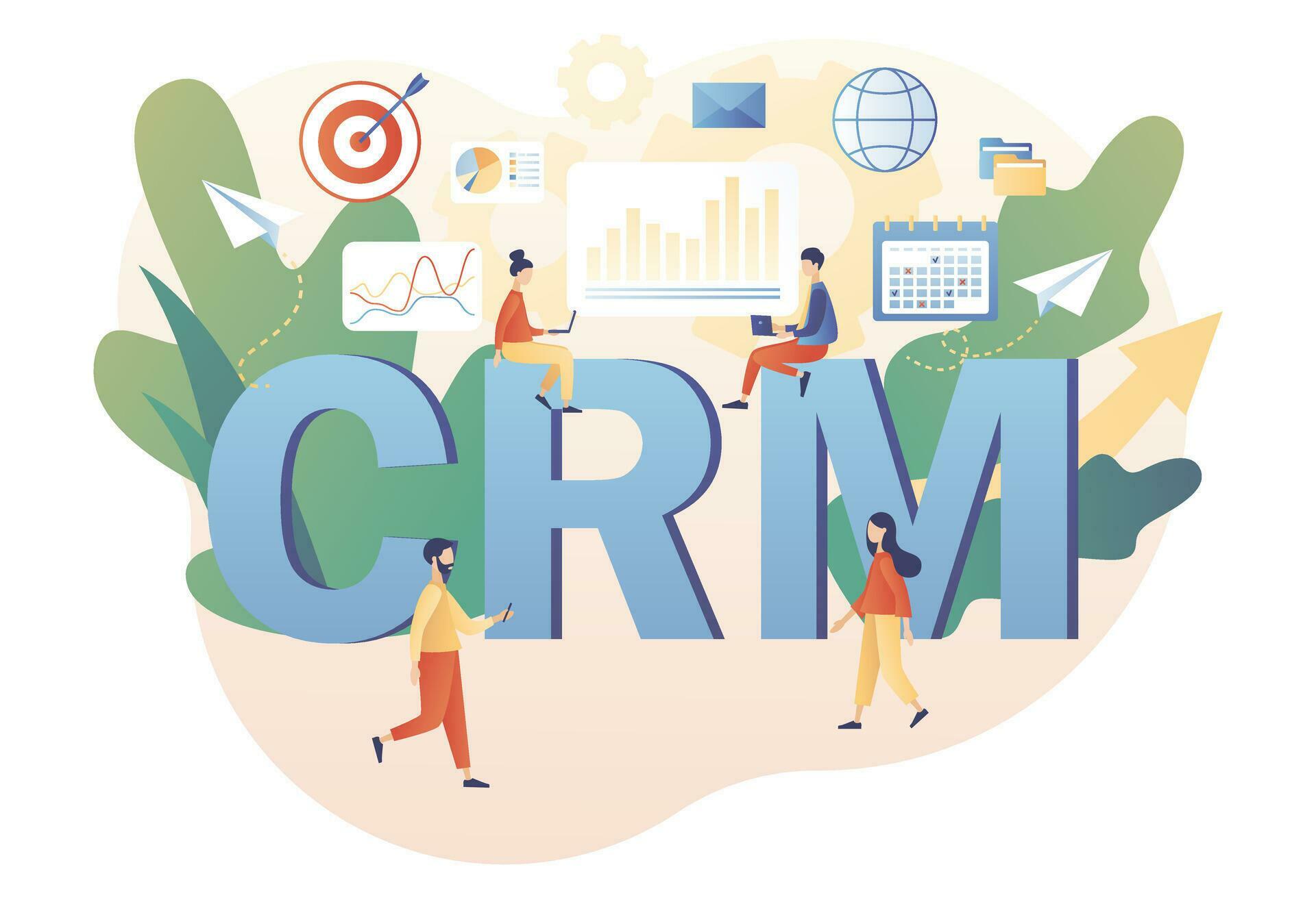 Customer relationship management concept. CRM - big text. Business strategy. Tiny businessman ...