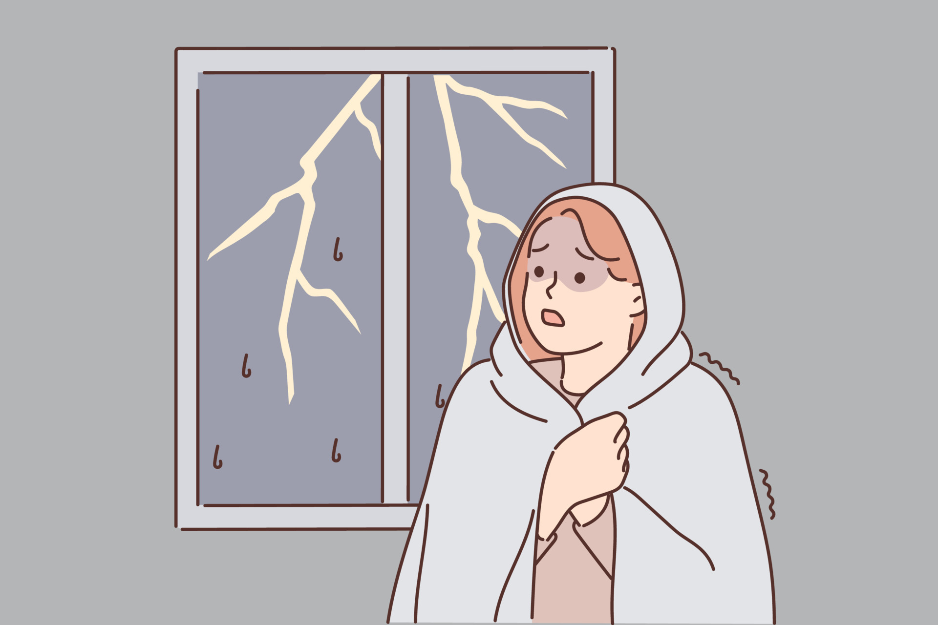 Woman Was Frightened By Lightning And Storm Outside Window Wrapped