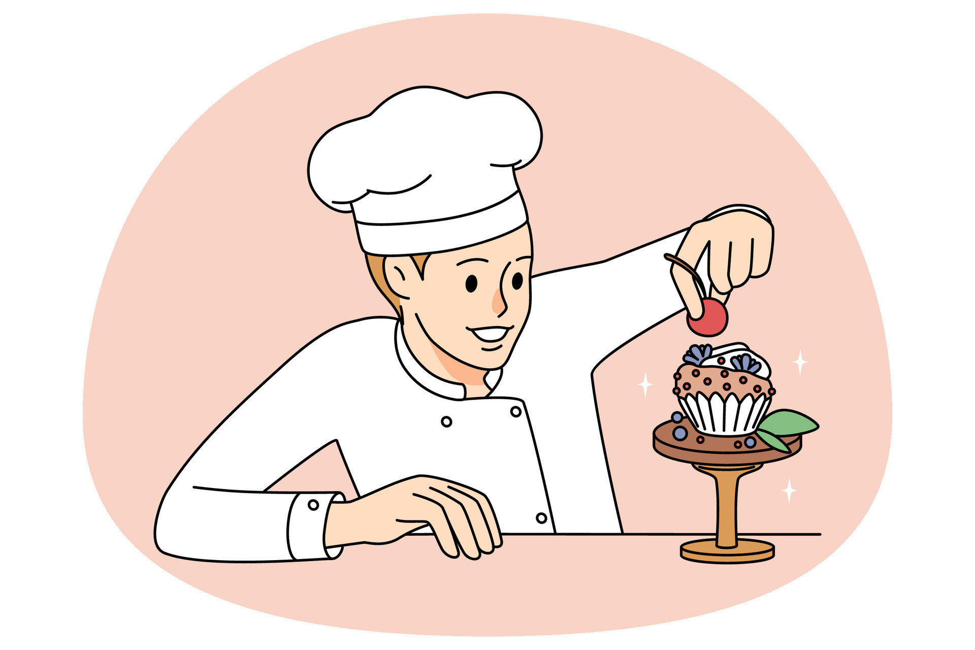Male Pastry Chef Decorate Cake In Confectionary Shop Man Confectioner Preparing Cupcake