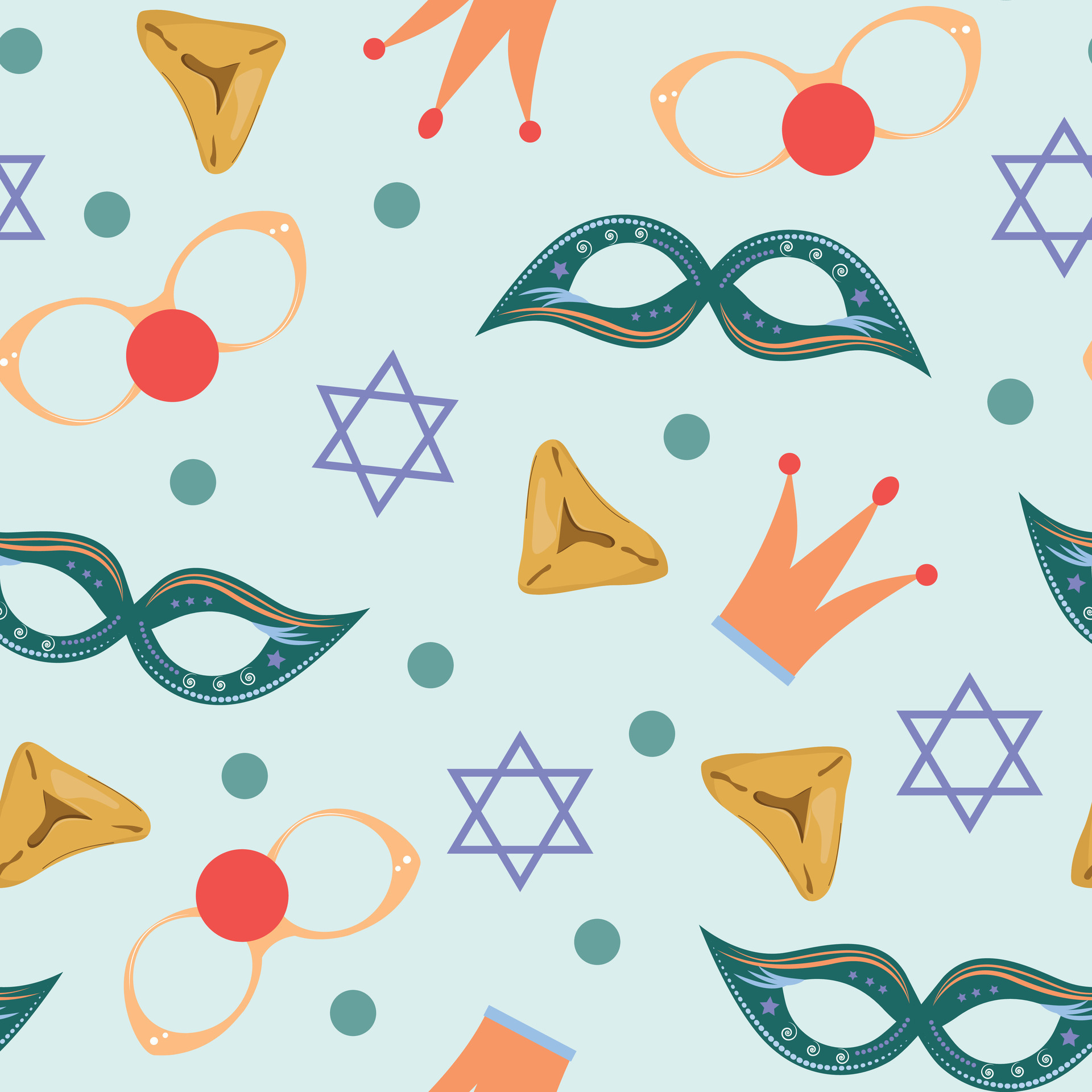 Purim seamless pattern with masks, glasses, Star of David and purim cookies on blue background ...