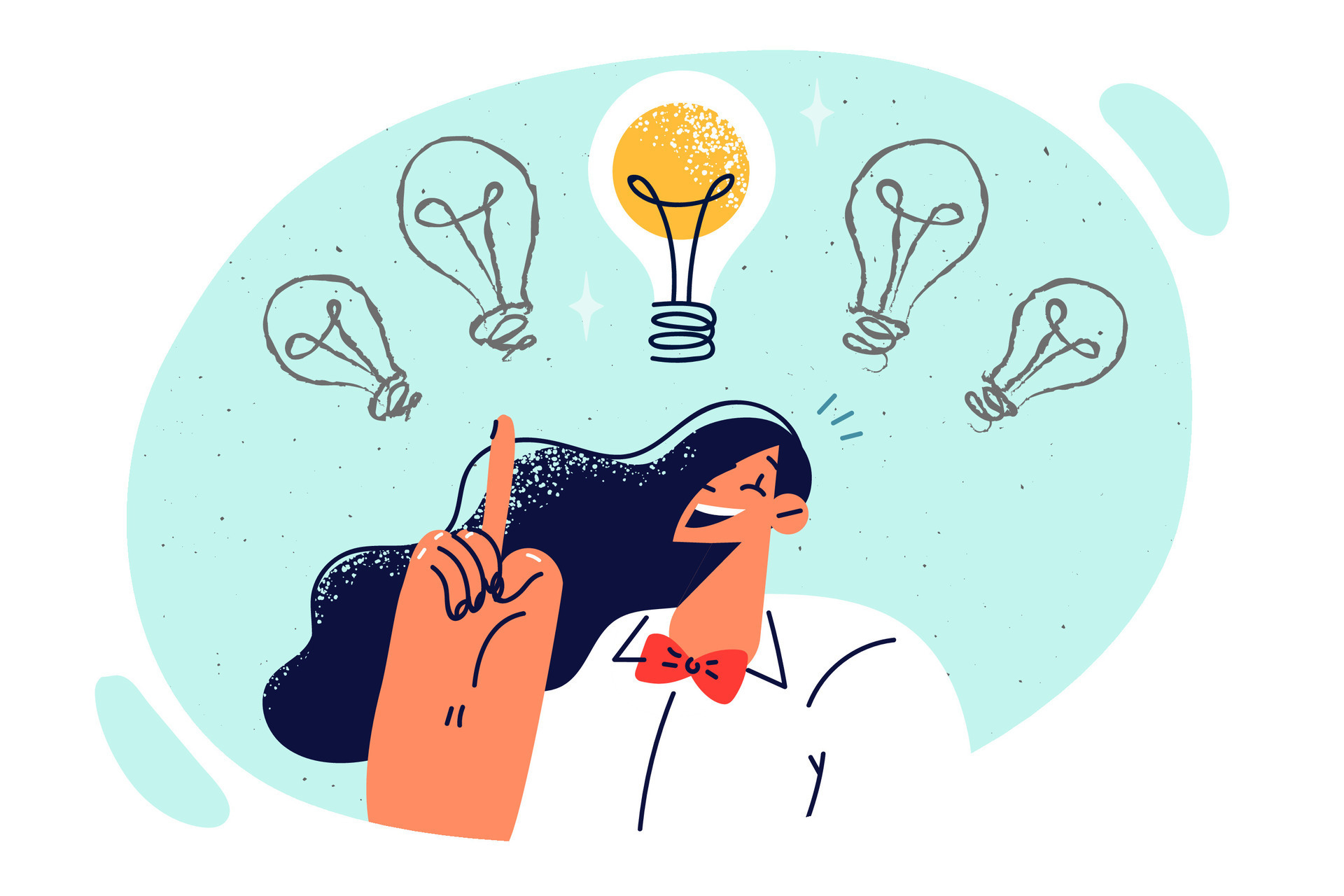 Businesswoman Who Came Up With Idea Points Up At Burning Light Bulb And businesswoman-who-came-up-with-idea-points-up-at-burning-light-bulb-and