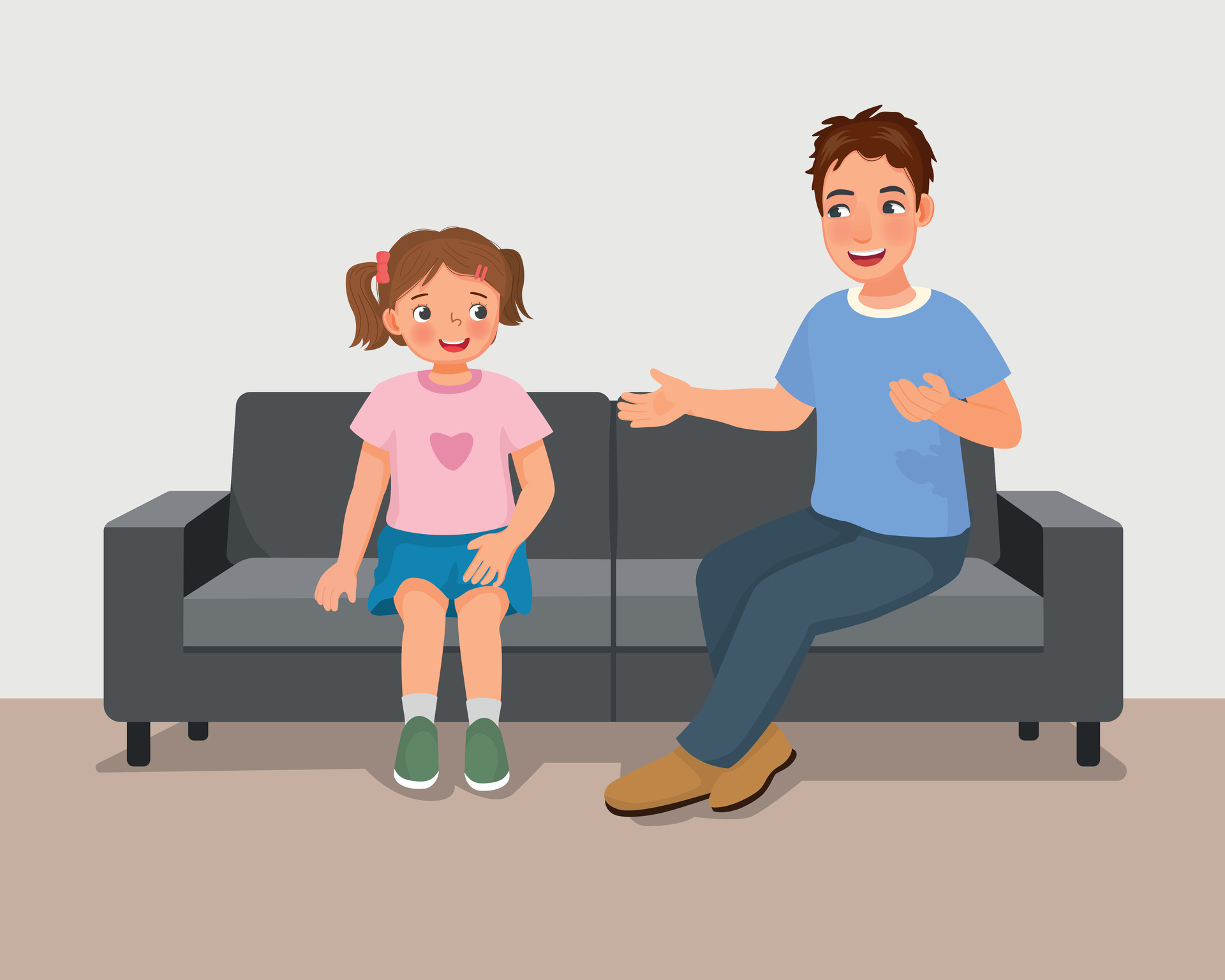 Young Father Talking To His Daughter Sitting On Sofa Giving Advises