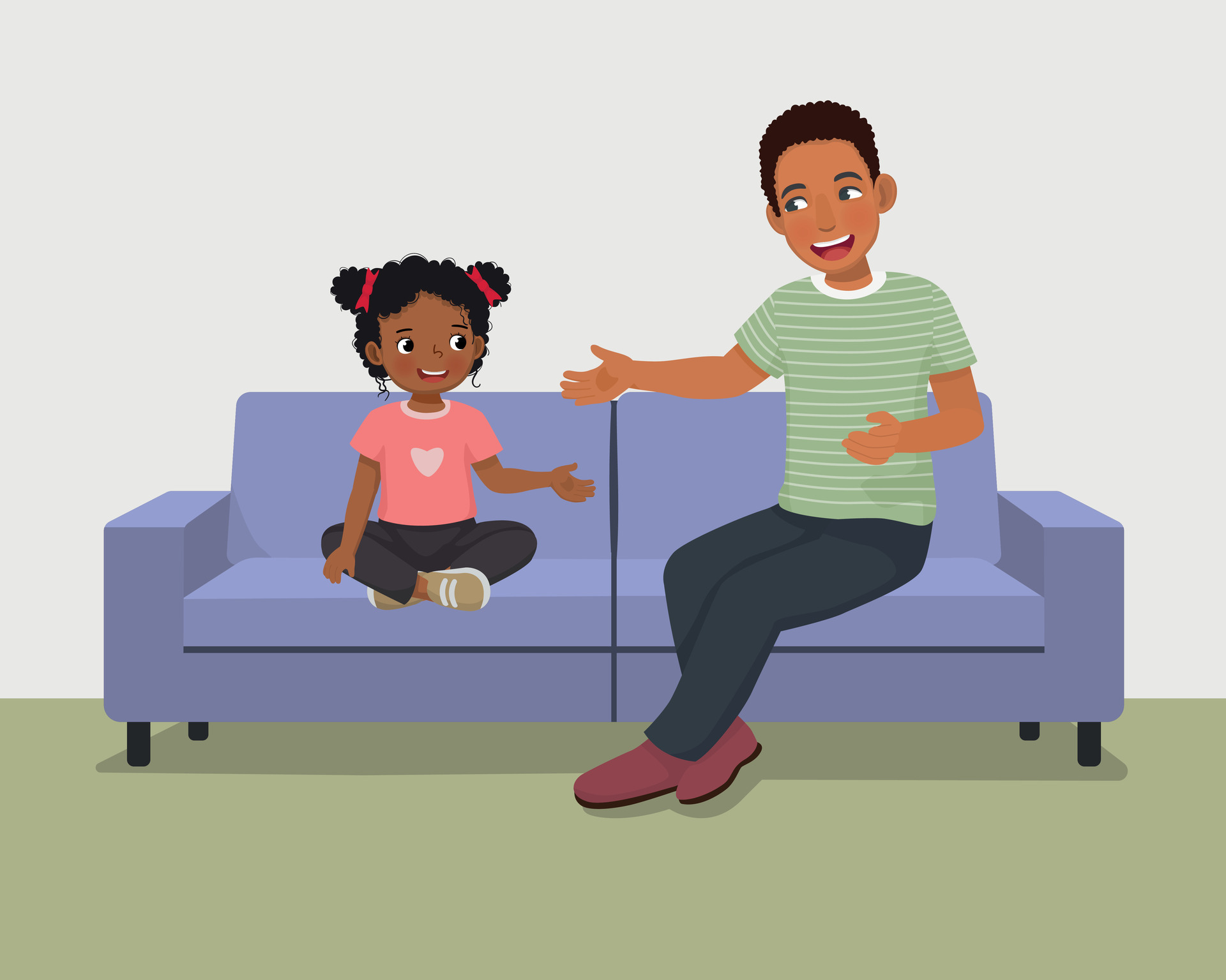Young African Father Talking To His Daughter Sitting On Sofa Giving Advises Encouragement And
