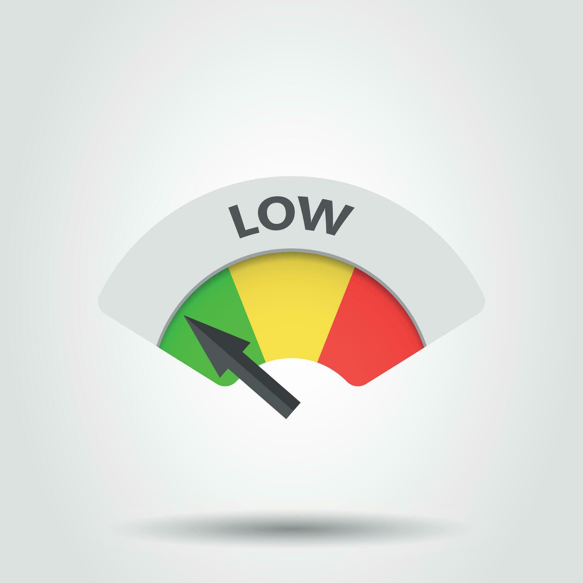 Low level risk gauge vector icon. Low fuel illustration on gray ... Low level risk gauge vector icon. Low fuel illustration on gray ...
