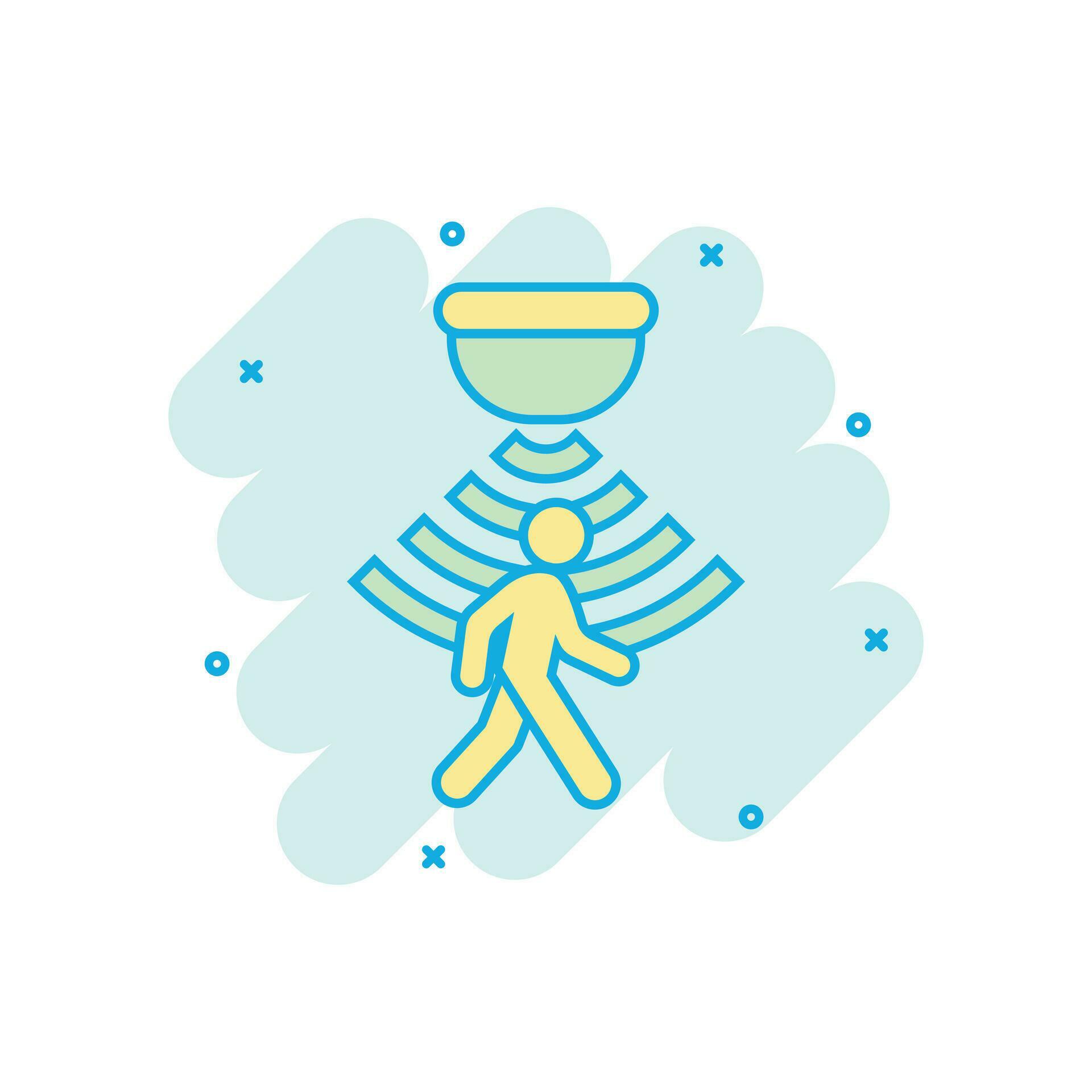 Motion Sensor Icon In Comic Style Sensor Waves With Man Vector Cartoon