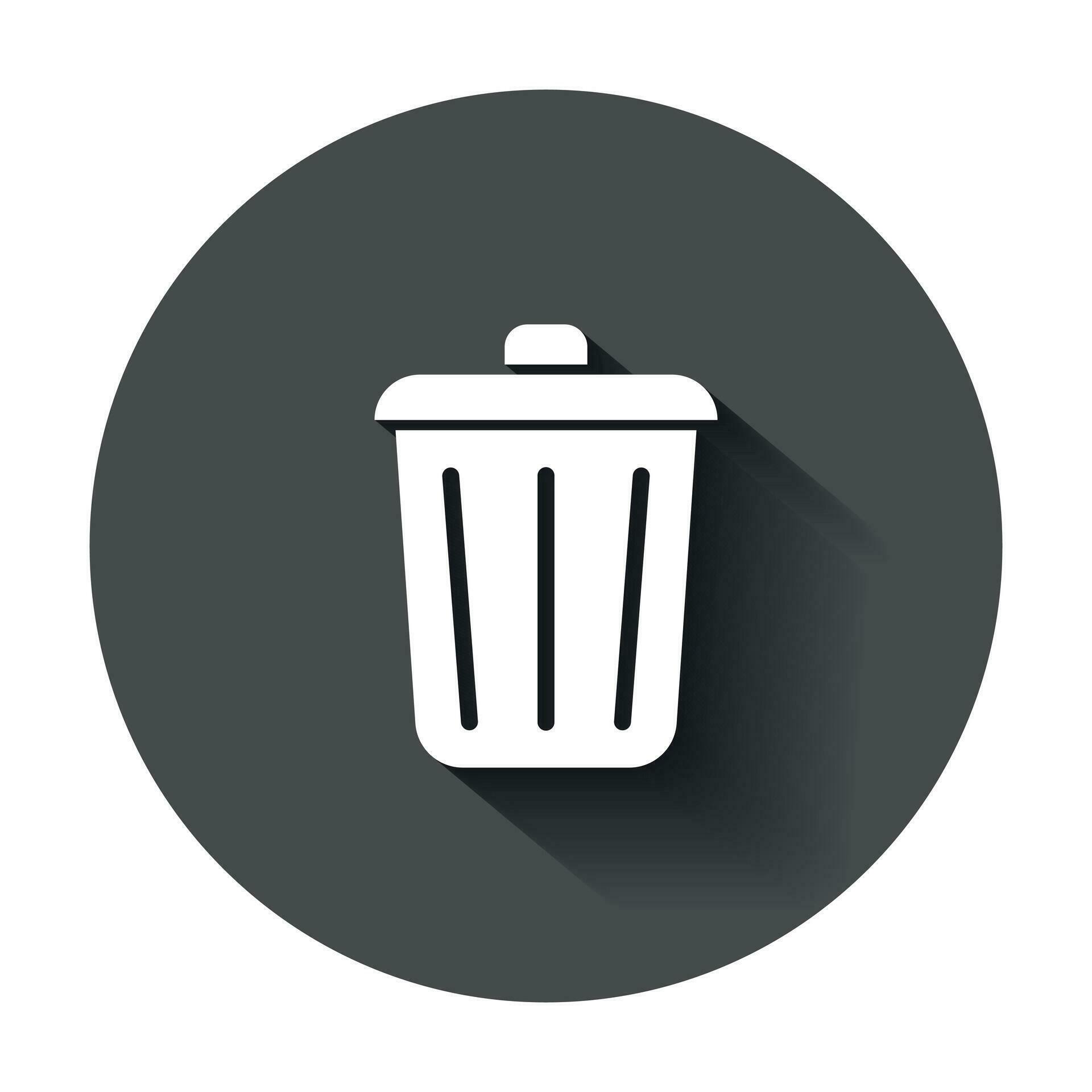 Trash bin garbage icon in flat style. Trash bucket vector illustration with long shadow. Garbage ...