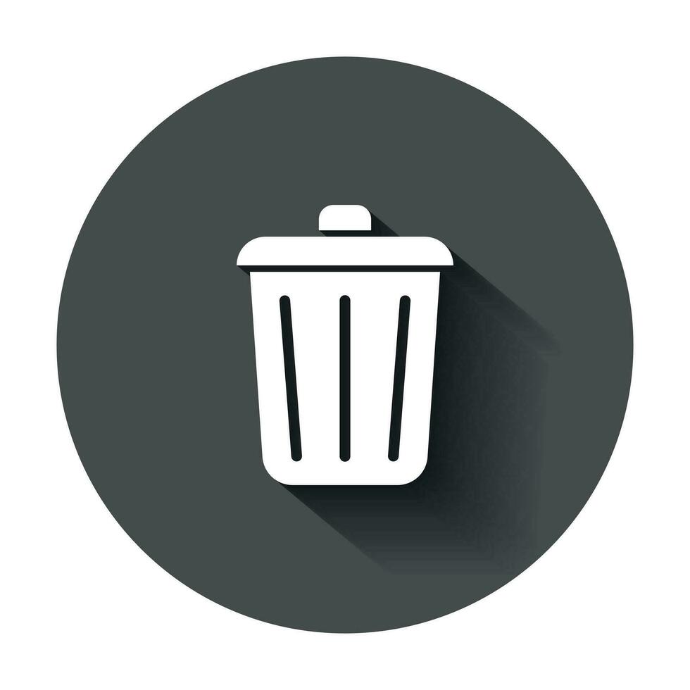 Trash bin garbage icon in flat style. Trash bucket vector illustration with long shadow. Garbage ...