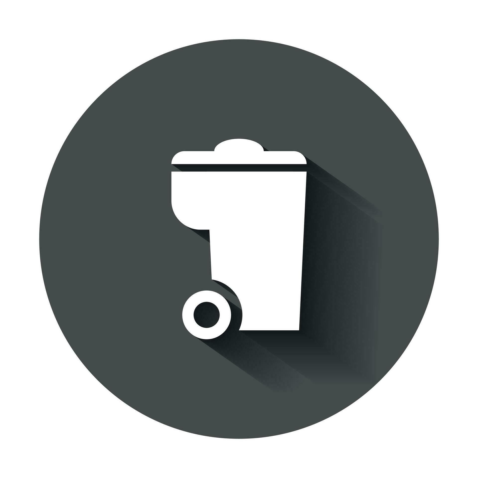 Trash bin garbage icon in flat style. Trash bucket vector illustration with long shadow. Garbage ...