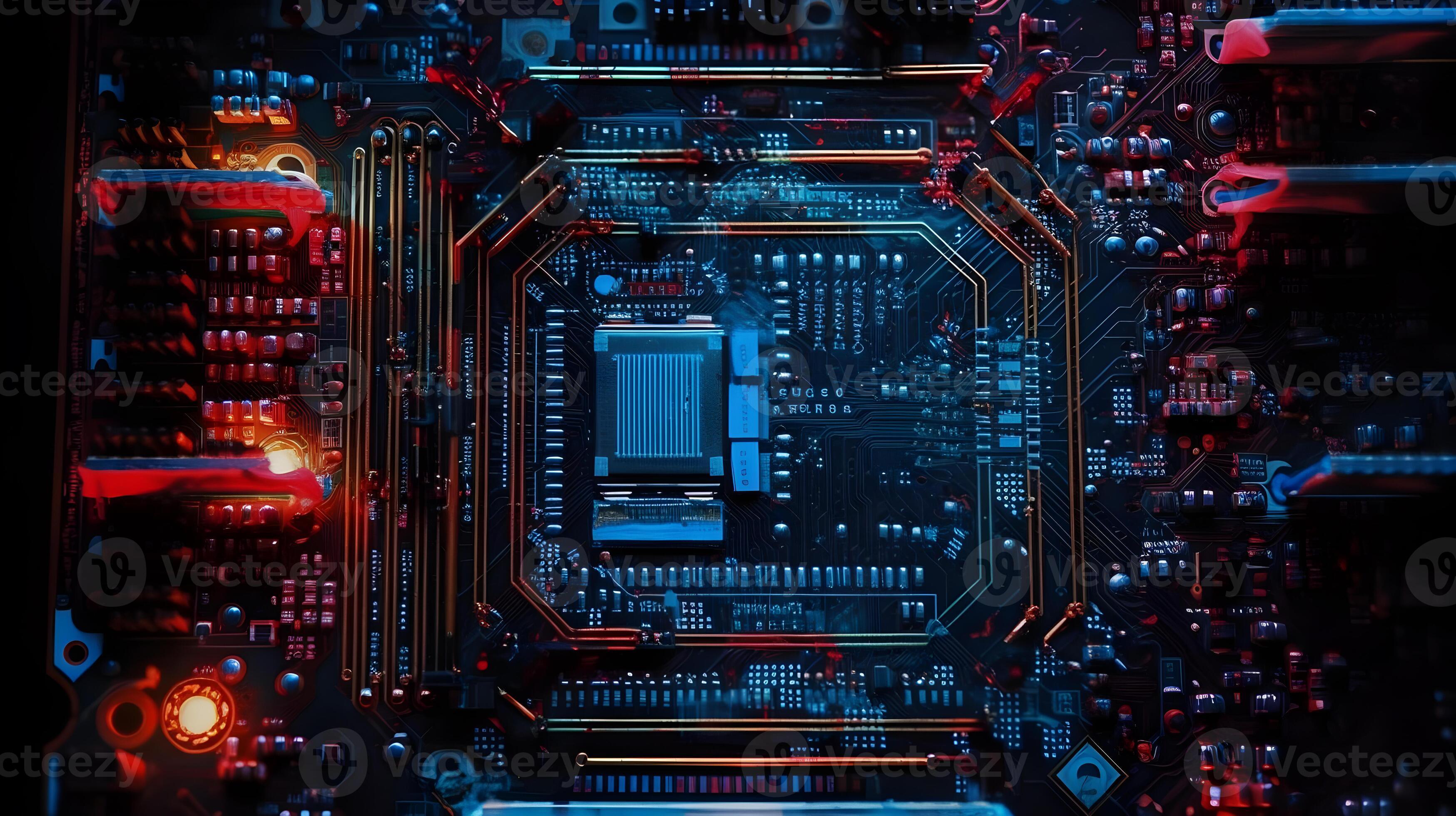 a computer circuit board with red and blue lights ,generative ai ...