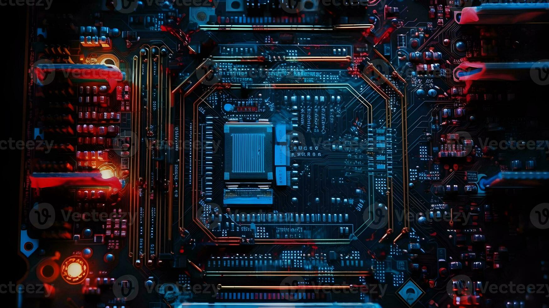 a computer circuit board with red and blue lights ,generative ai ...