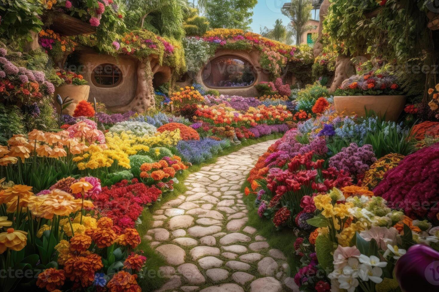 Magical garden in full bloom, with vibrant, fantastical flowers and ...
