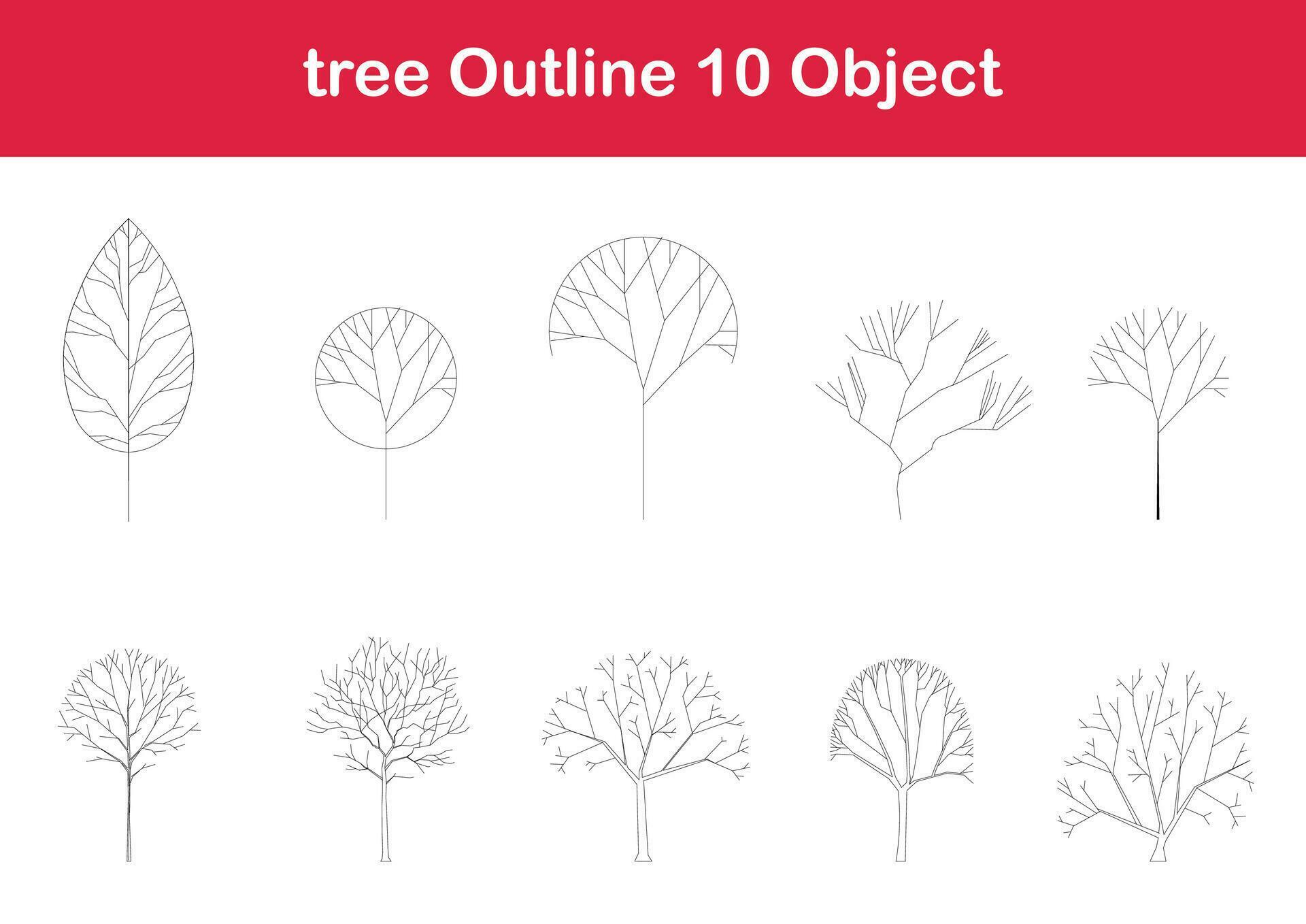 tree line drawing, Side view, graphics trees elements single object outline minimal plant symbol ...
