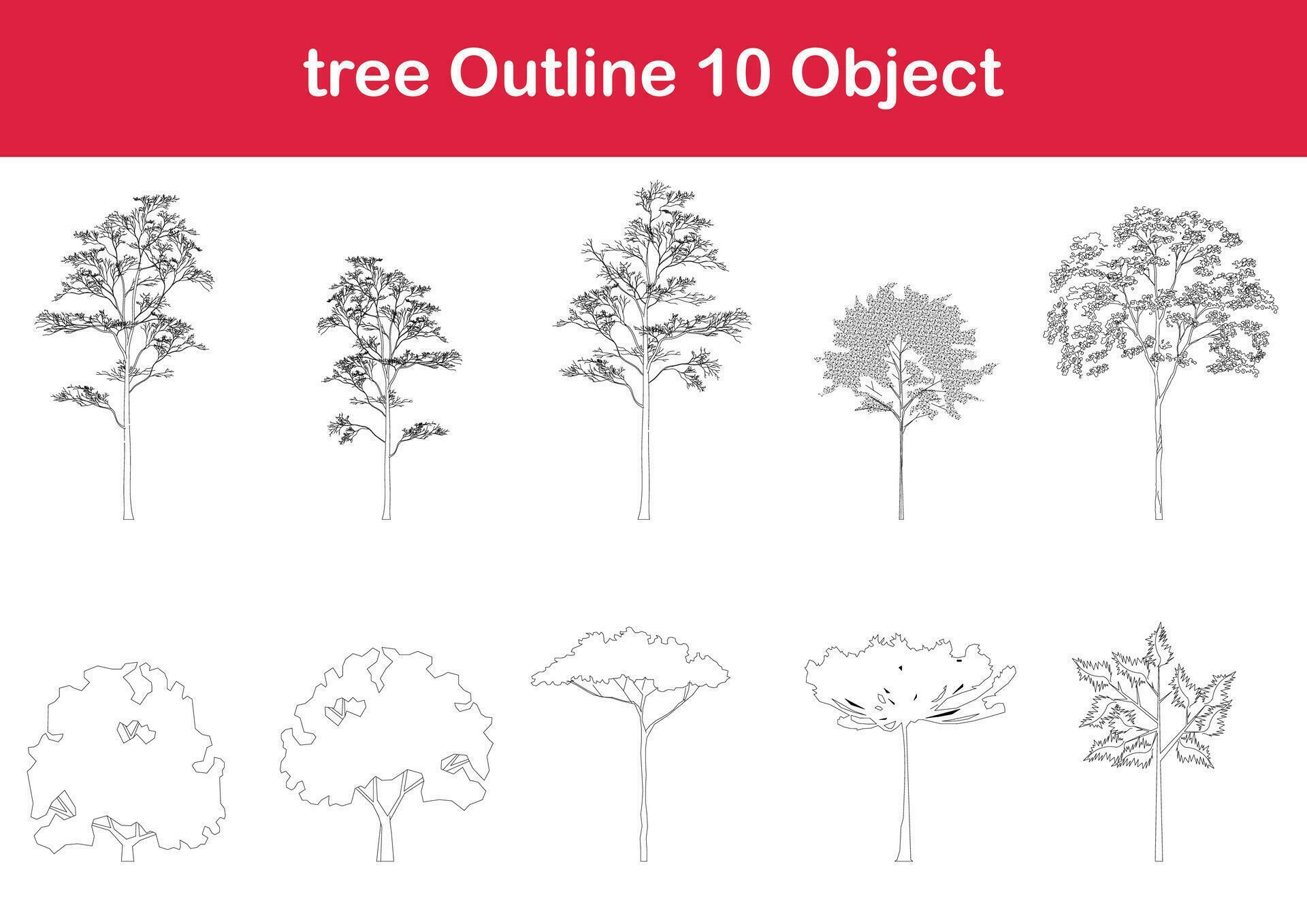 tree line drawing, Side view, graphics trees elements single object outline minimal plant symbol ...