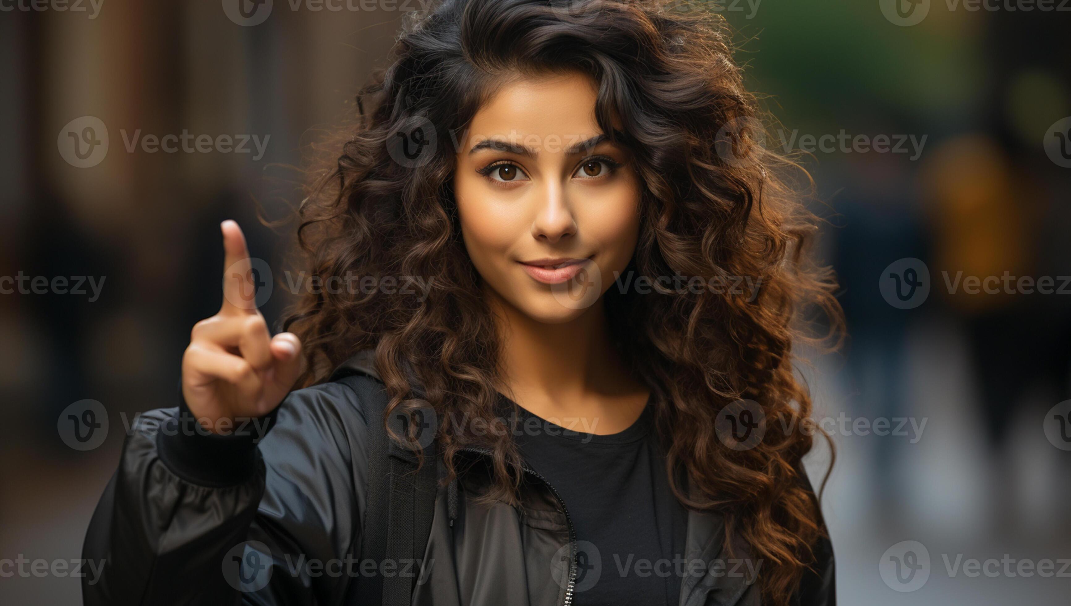 Beautiful girl pointing out ai generated 26137311 Stock Photo at Vecteezy