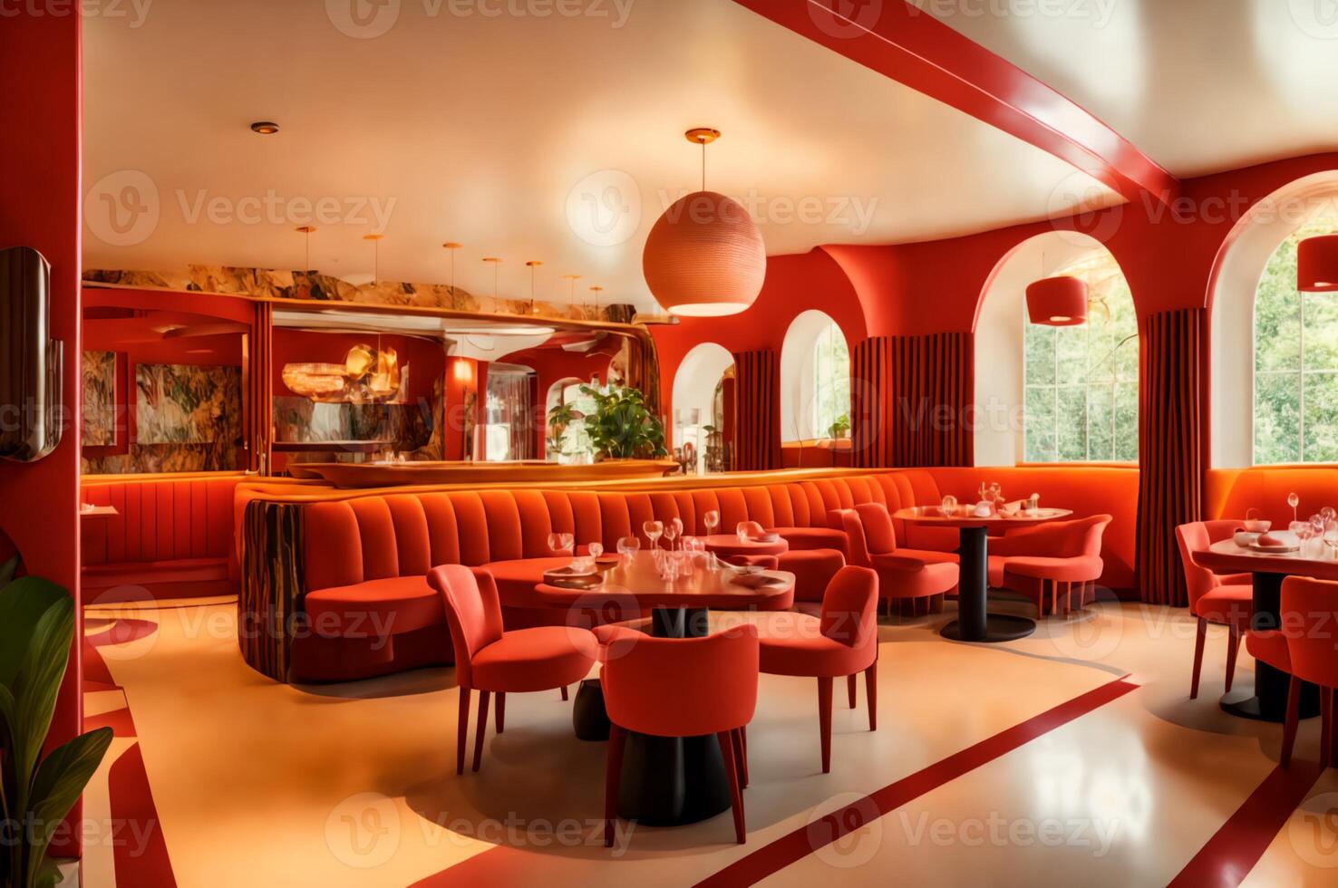 elegant red themed restaurant interior with luxury furniture, architectural design, and seating ...