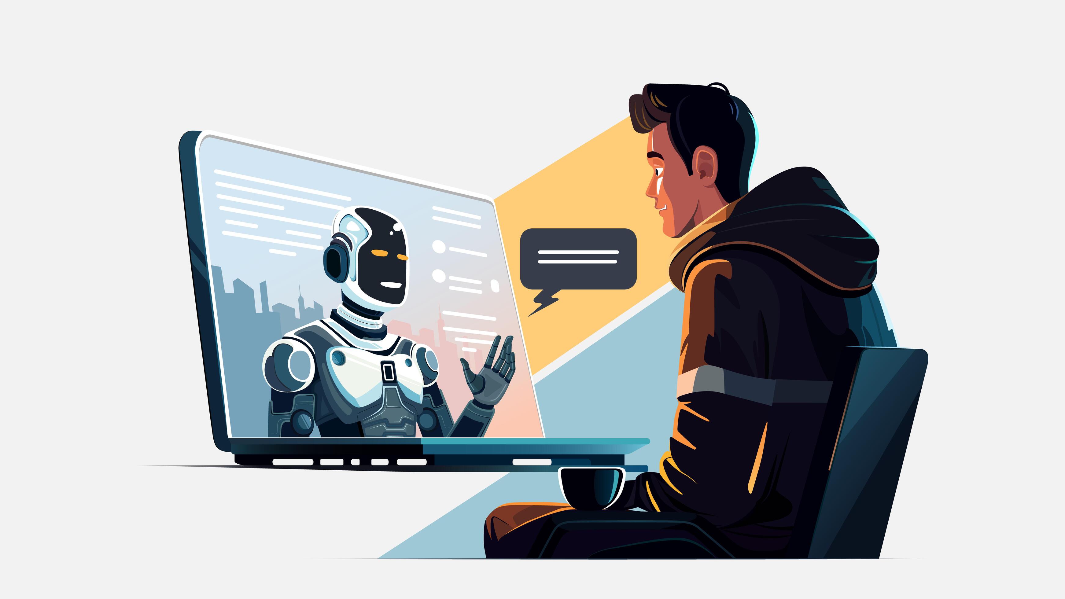 AI Chatbot, Human using and chatting artificial intelligence chatbot by computer laptop. AI ...