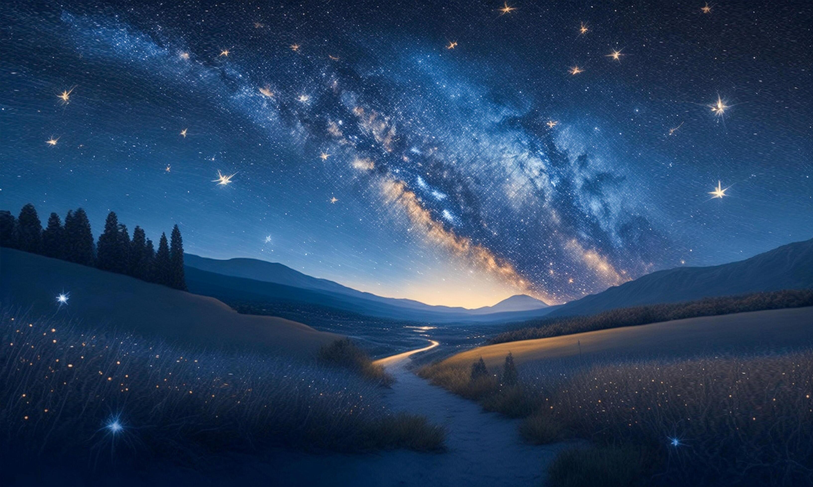 A starry night sky over a landscape with a path leading 26141721 Stock ...