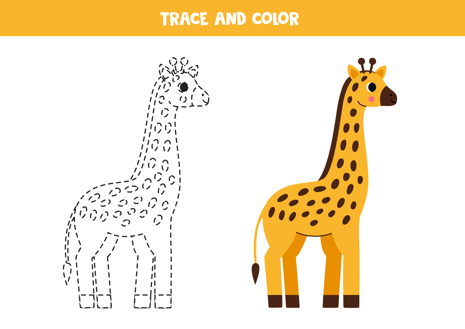 Trace and color cartoon yellow giraffe. Worksheet for children ...